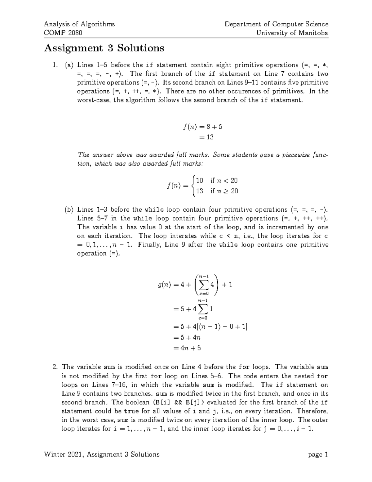 A3sol - Assignment 3 solution sample - Analysis of Algorithms COMP 2080 Department of Computer ...