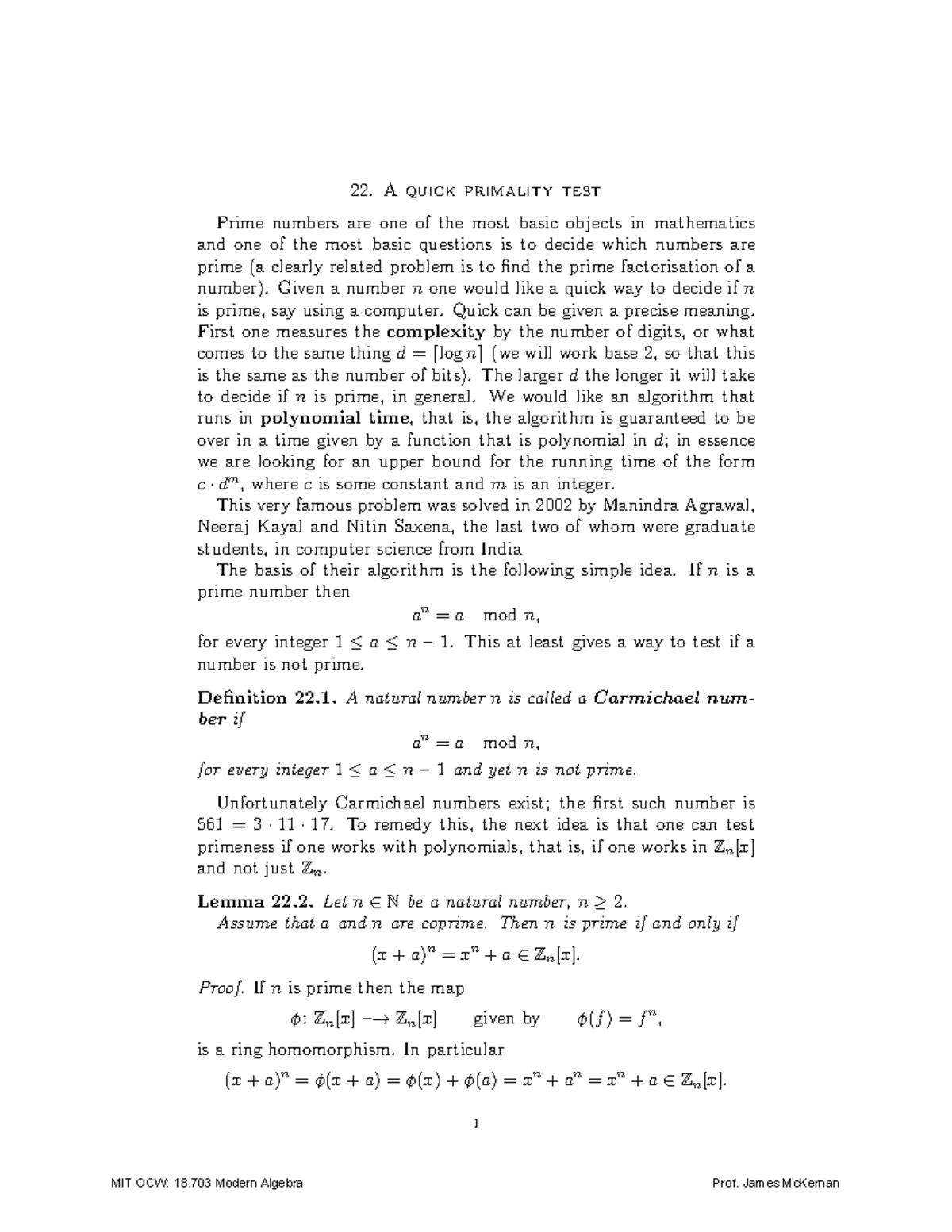 Modern Algebra Lecture 22 - A quick primality test Prime numbers are ...
