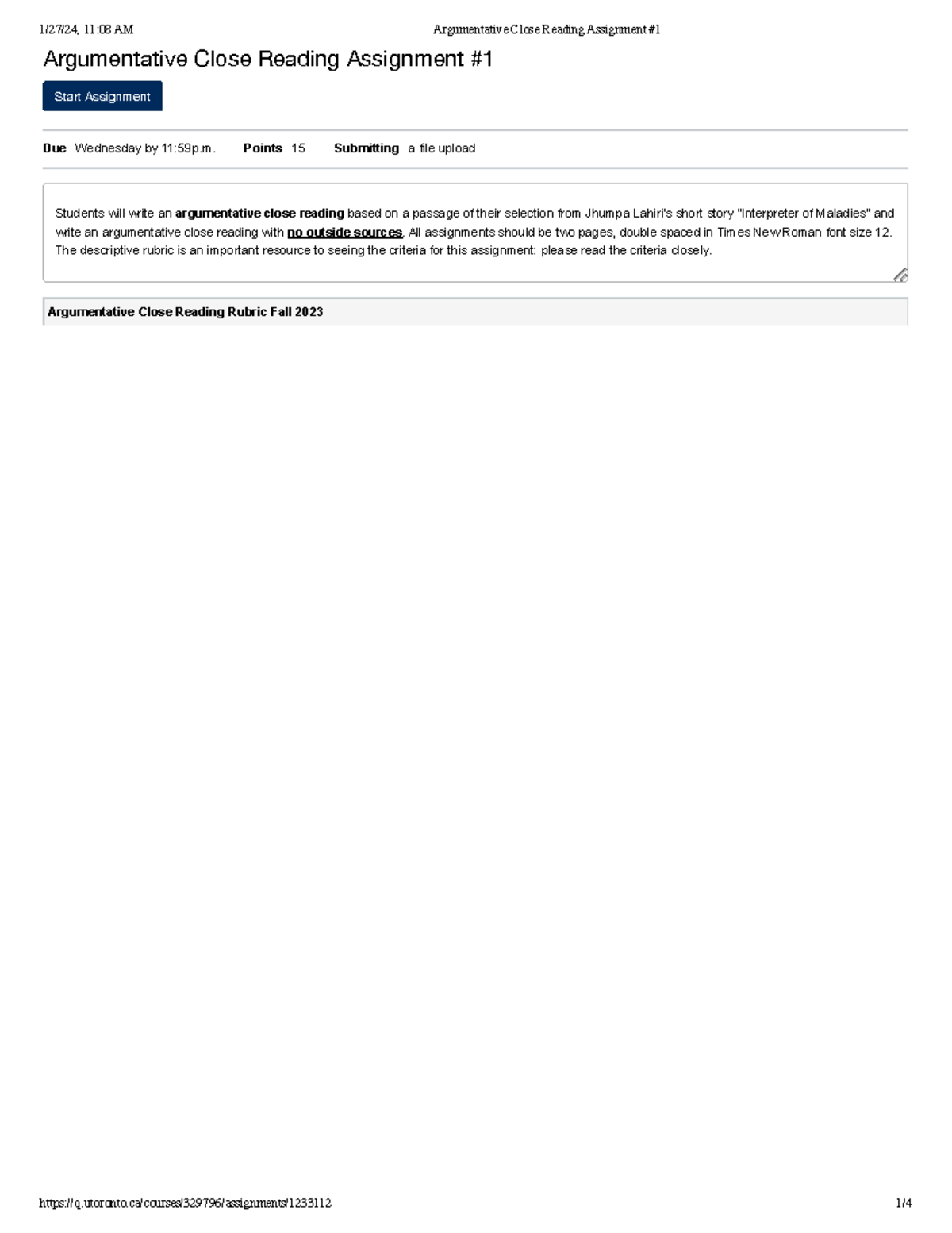 Argumentative Close Reading Assignment #1 - Points 15 Submitting a file ...