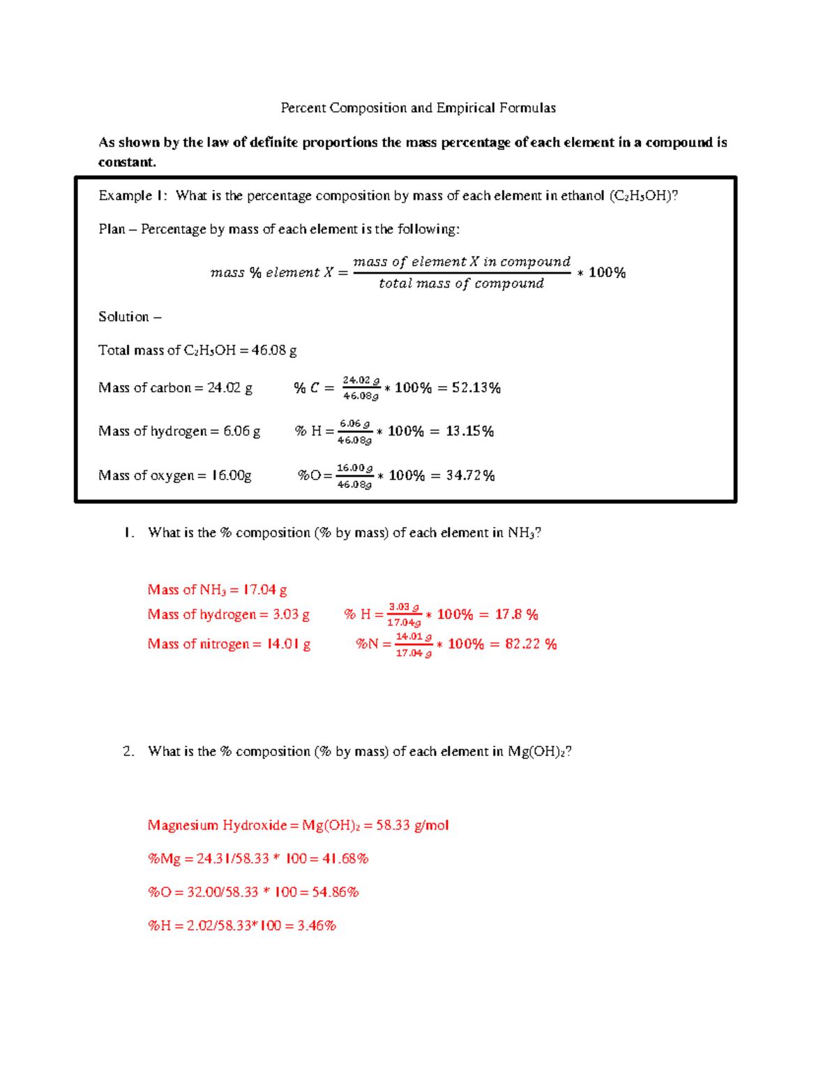 6.a Percent Composition Key - Percent Composition and Empirical ...
