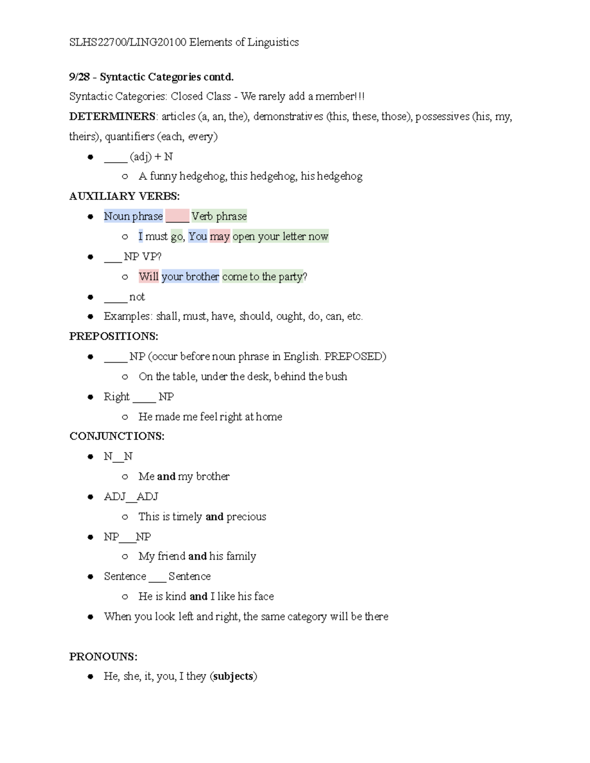 SLHS 227 - Syntactic contd - 9/28 - Syntactic Categories contd ...