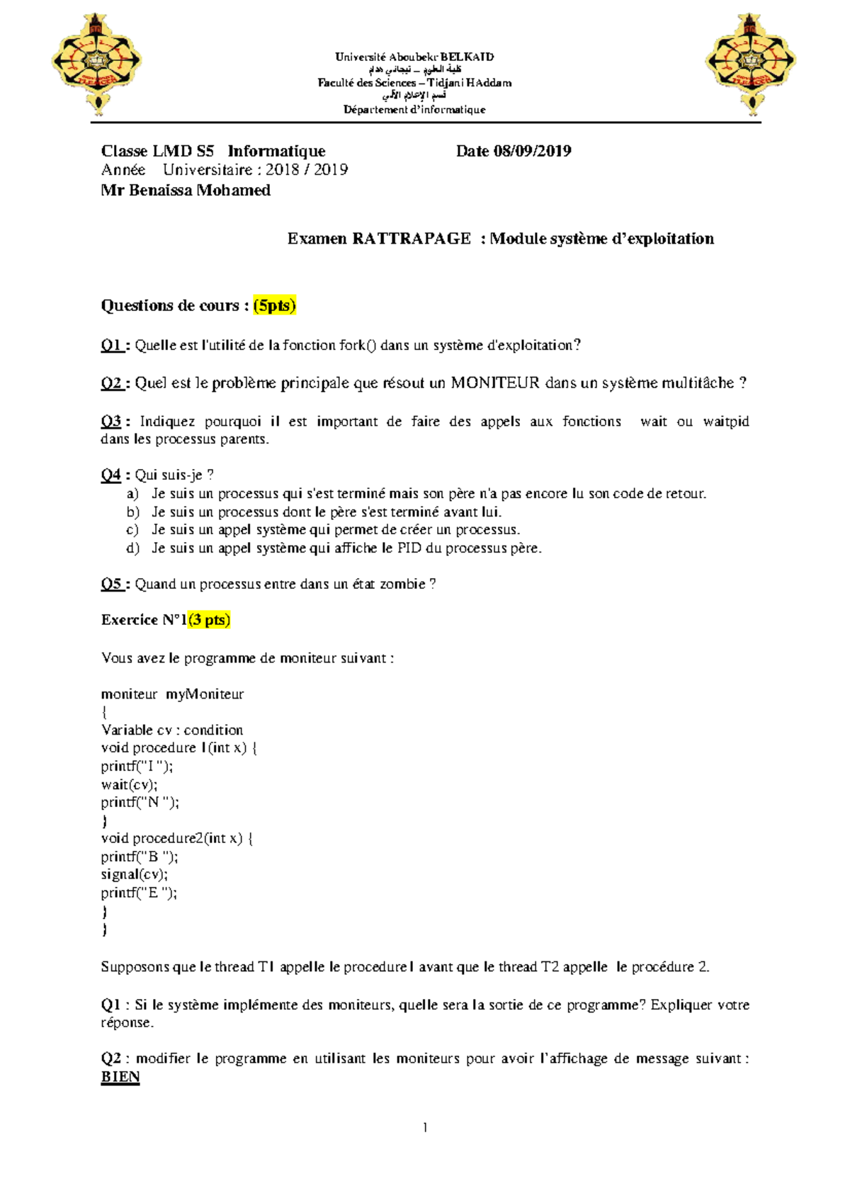 Examen 2 Système Dexploitation 2 Classe Lmd S5 Informatiqu Année Universitaire 2018 Mr 