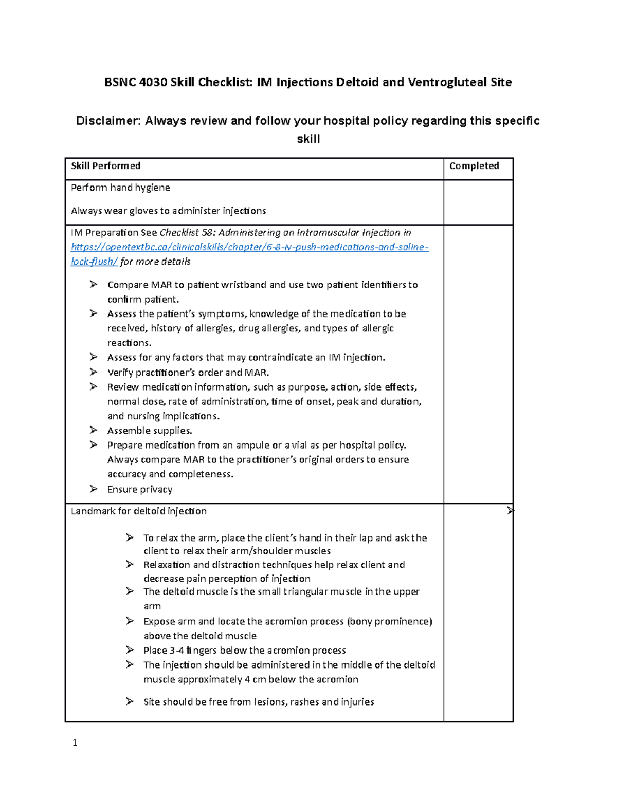IM Injections Checklist 2019 0617 - BSNC 4030 Skill Checklist: IM ...