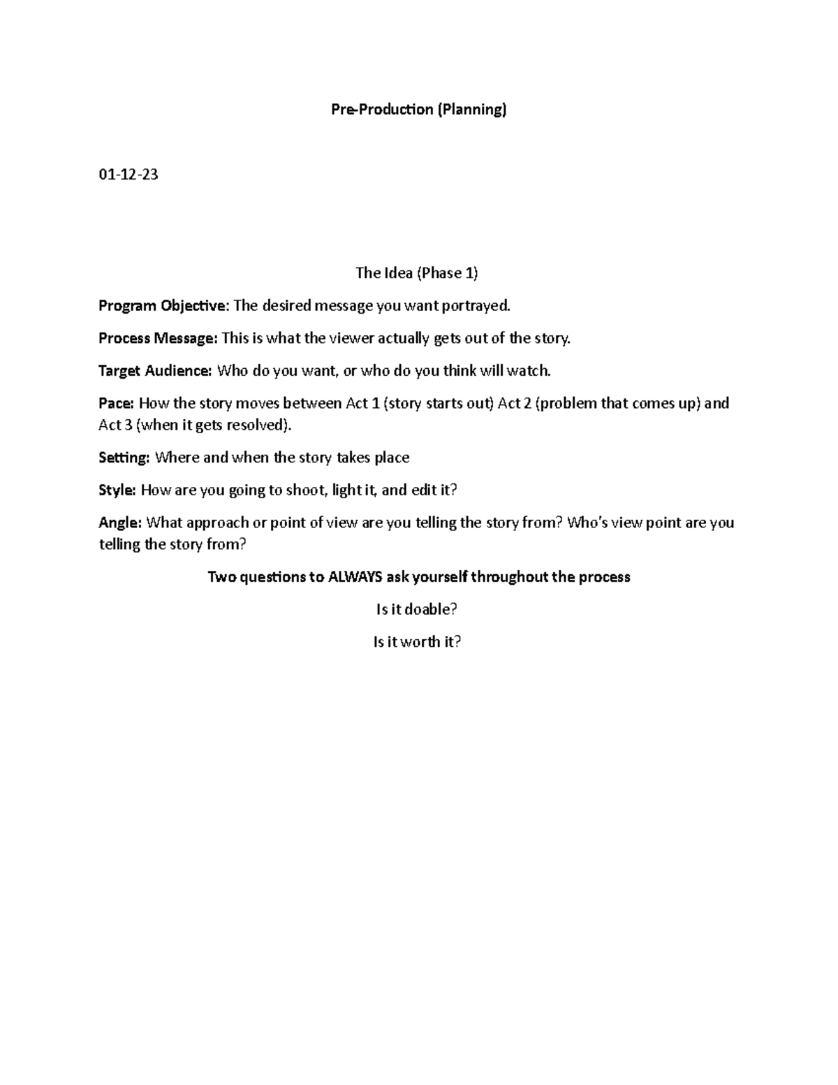 Intro Video Notes - Pre-Production (Planning) 01-12- The Idea (Phase 1 ...