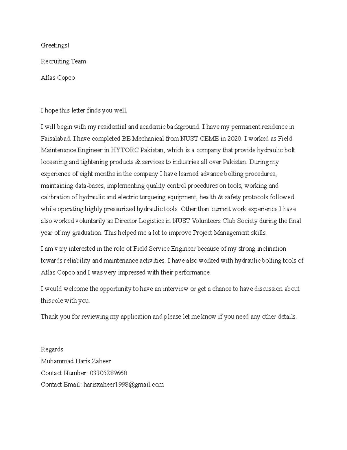 Cover Letter- Atlas Copco Pakistan-Muhammad Haris Zaheer - Greetings ...