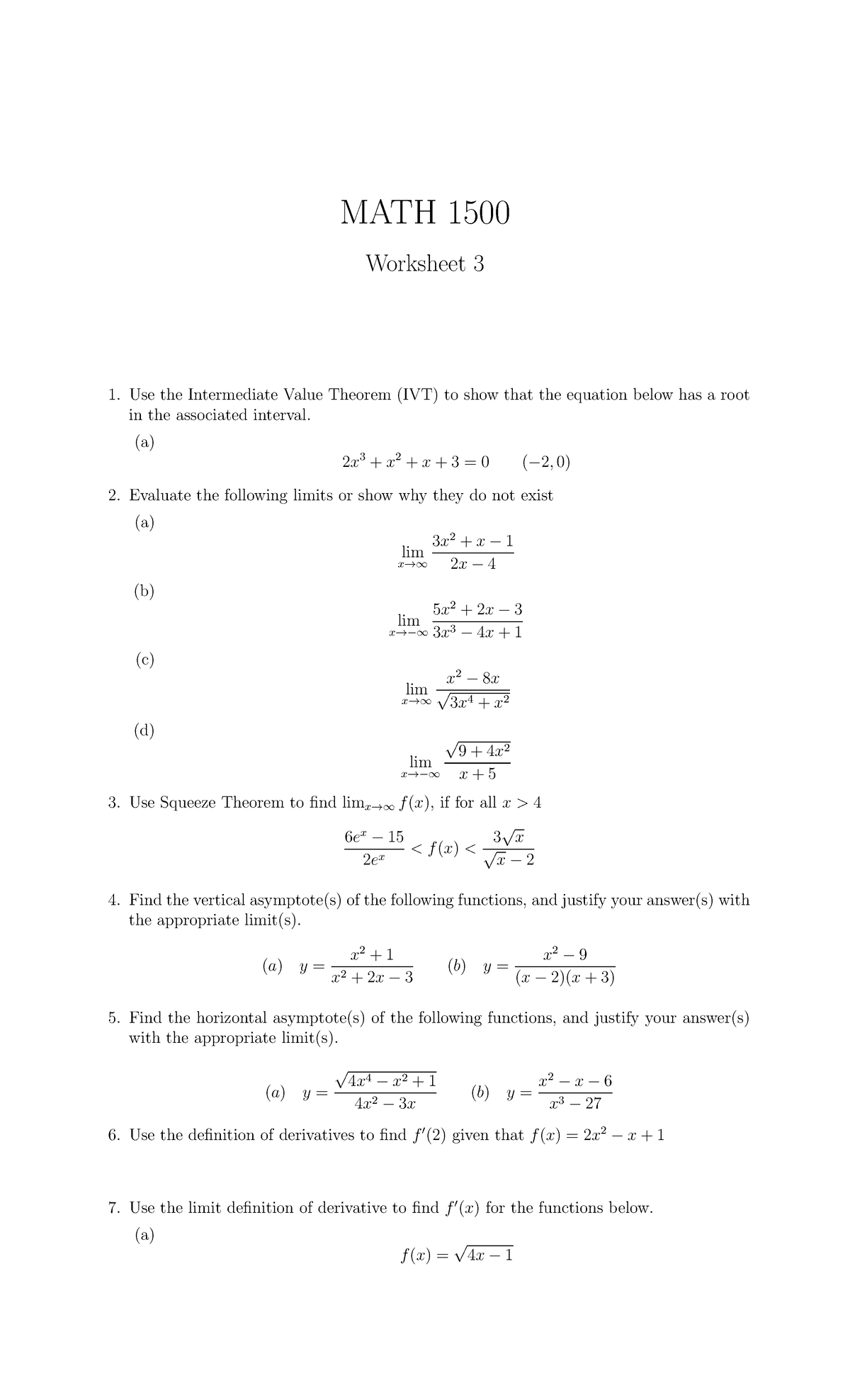 Worksheet 3 - MATH 1500 Worksheet 3 Use the Intermediate Value Theorem ...