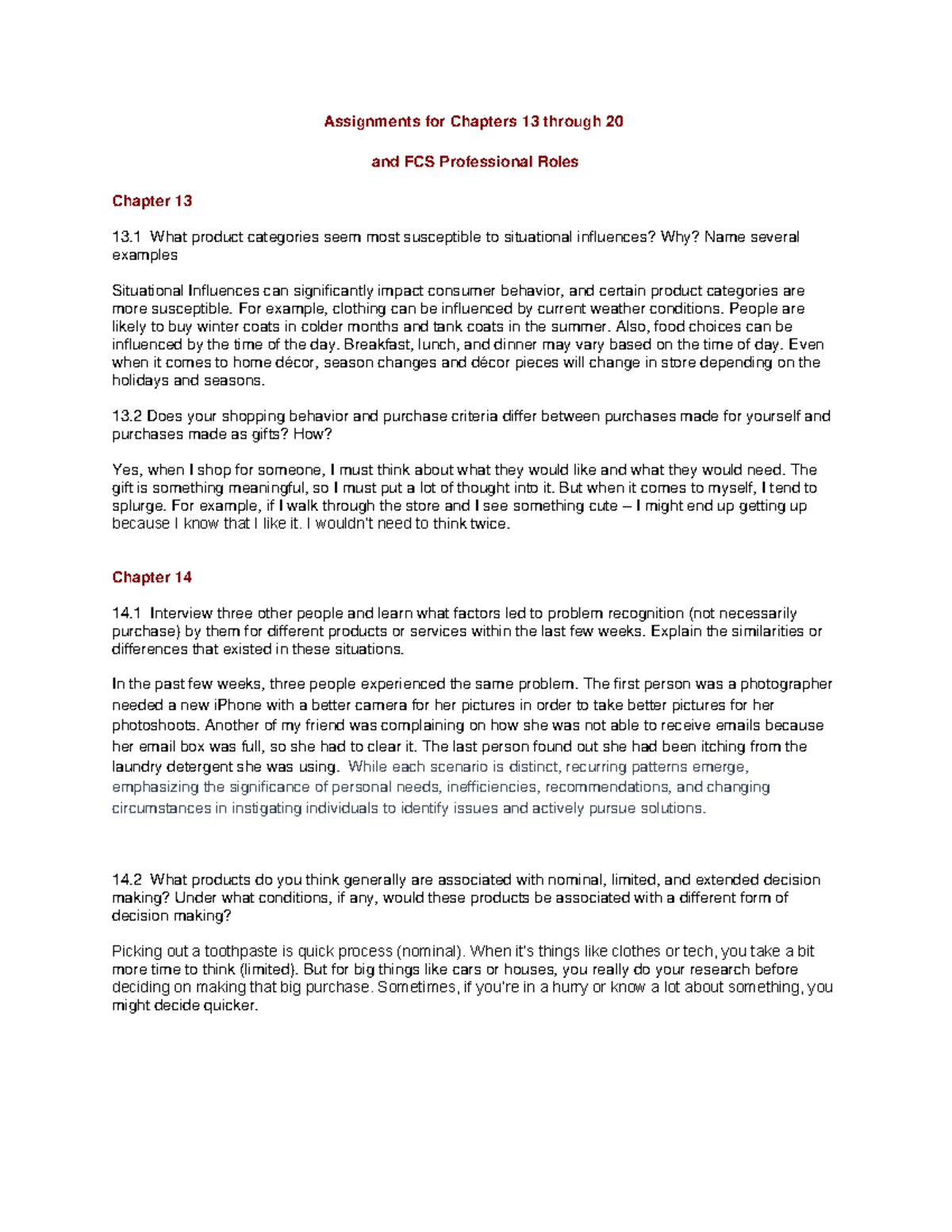 3301 Chapters 13 through 20 and Professional Roles - Assignments for Chapters 13 through 20 and ...