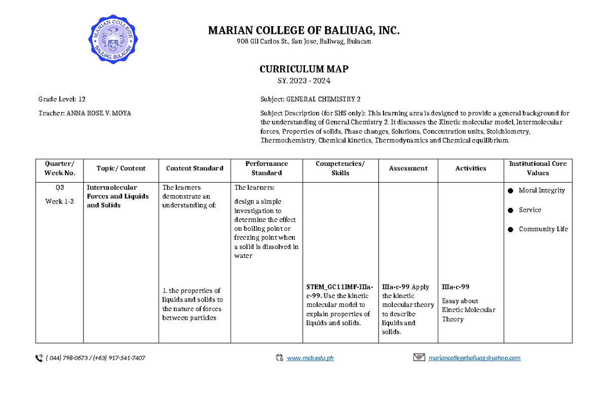 Curriculum-Map- GEN. CHEM. 2 Grade 12 - 908 Gil Carlos St., San Jose ...