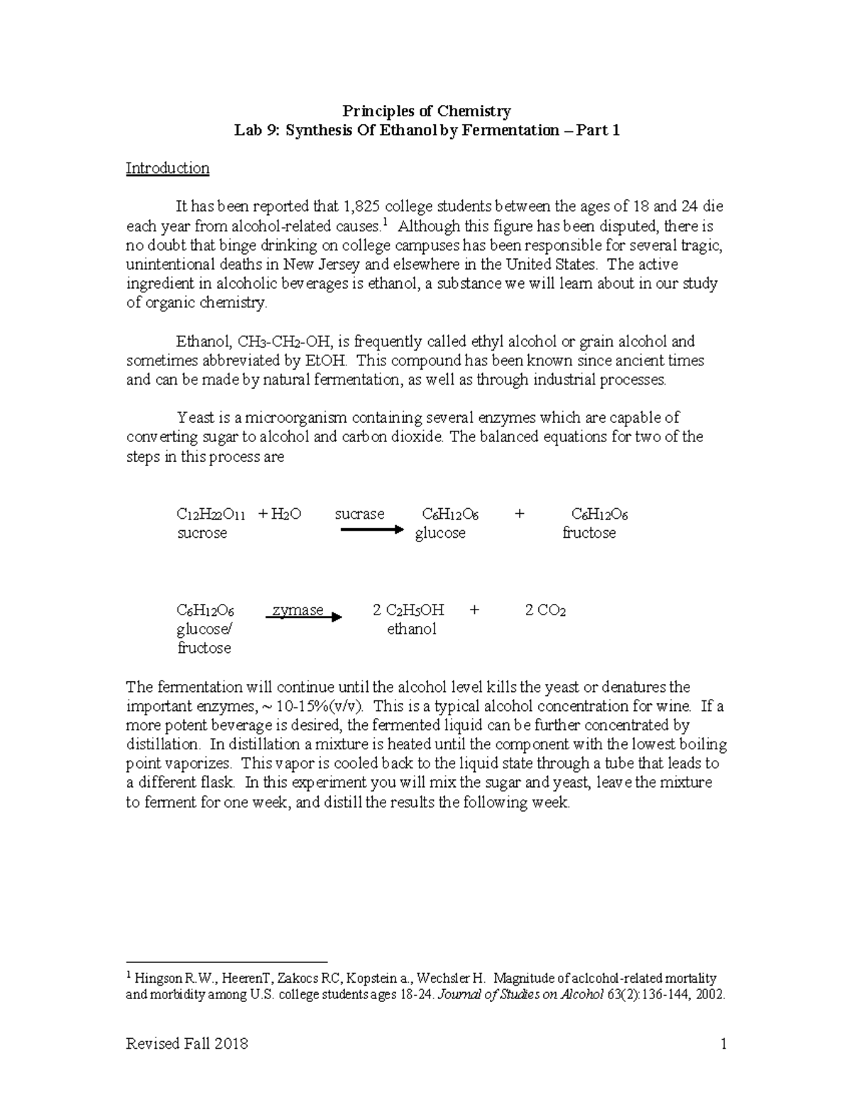 Lab+12 - Fermentation I - Revised Fall 2018 1 Principles of Chemistry ...