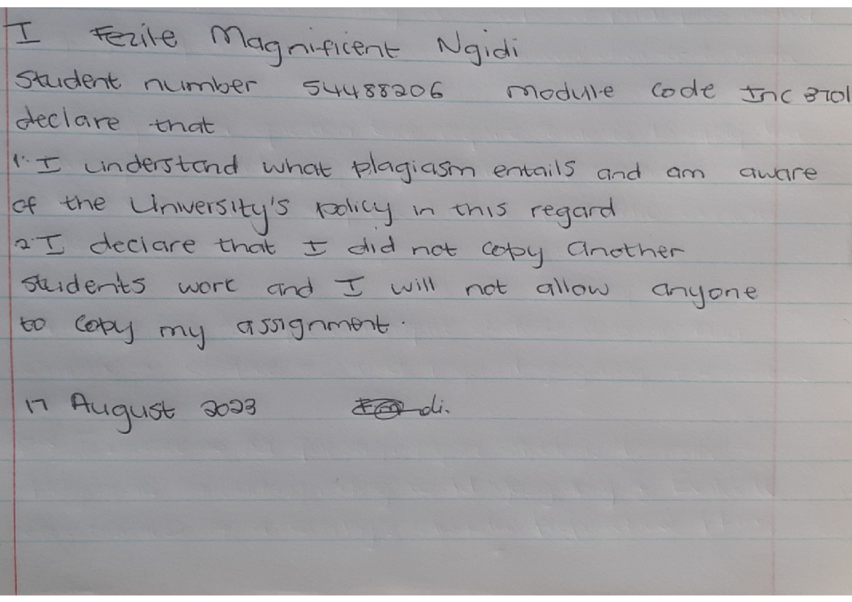 Inc 3701 Assignment 4 2023 - I Fezile Magnificent Ngidi Student number ...