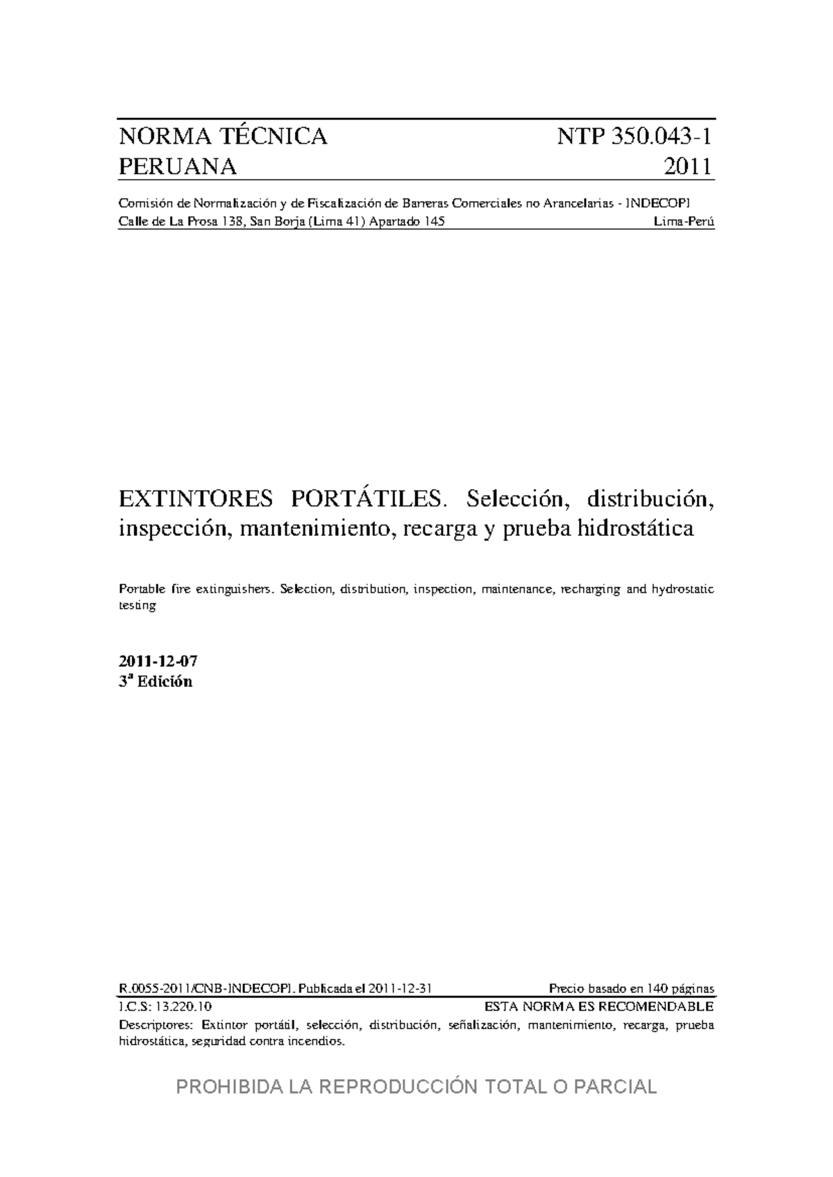 Ntp extintores NTP 350-043-1-2011 - PERUANA 2011 Comisión de ...
