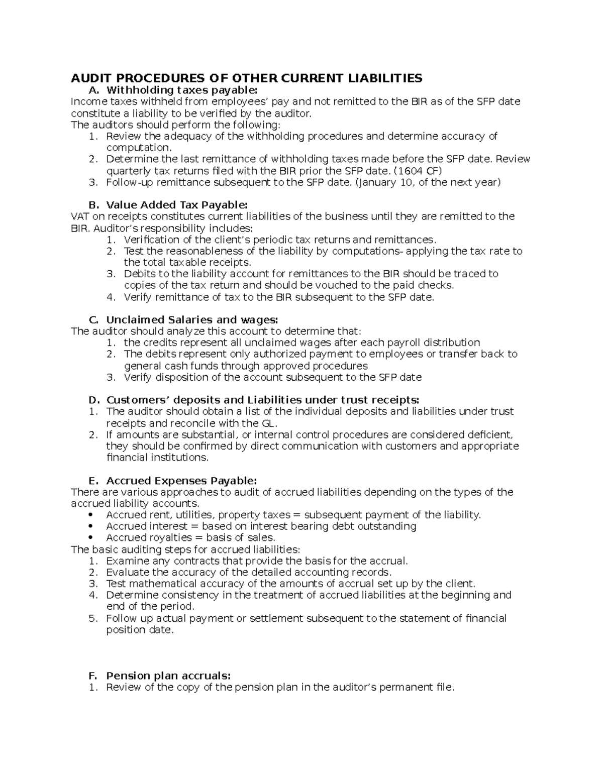 Audit Procedures OF Other Current Liabilities AUDIT PROCEDURES OF