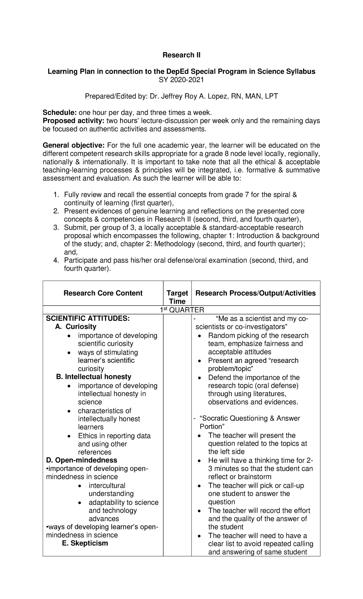 Research II Learning Plan Gr 8 Research Research II Learning Plan In