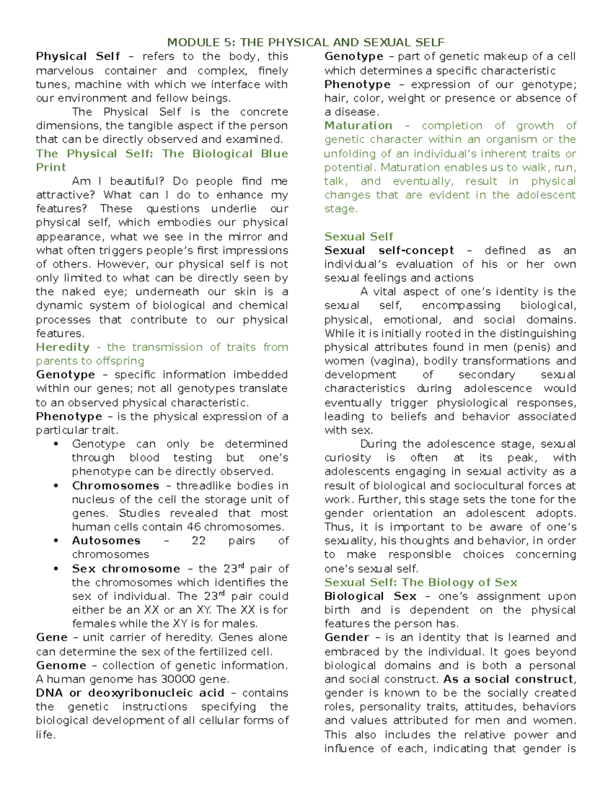 UTS - MOD 5 - Transes - MODULE 5: THE PHYSICAL AND SEXUAL SELF Physical Self – refers to the ...