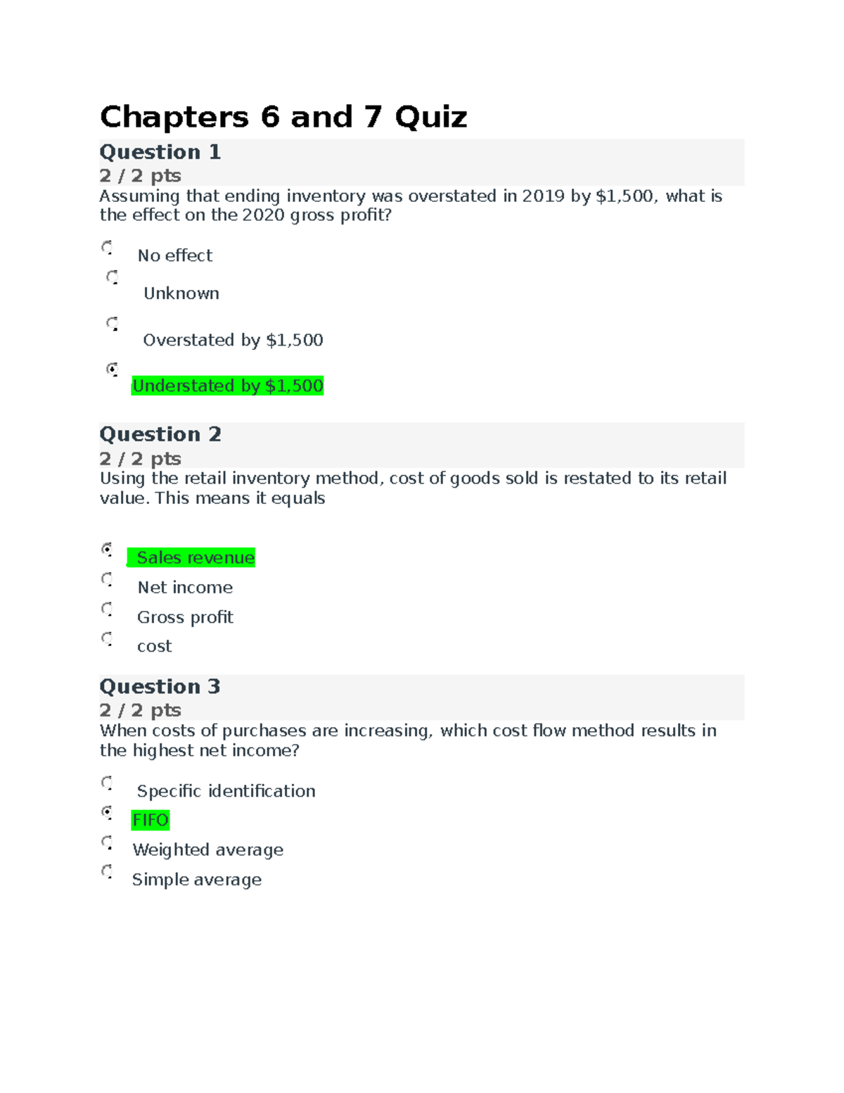 Ch6 & Ch7 Quiz - ch 6 and 7 quiz - Chapters 6 and 7 Quiz Question 1 2 / ...