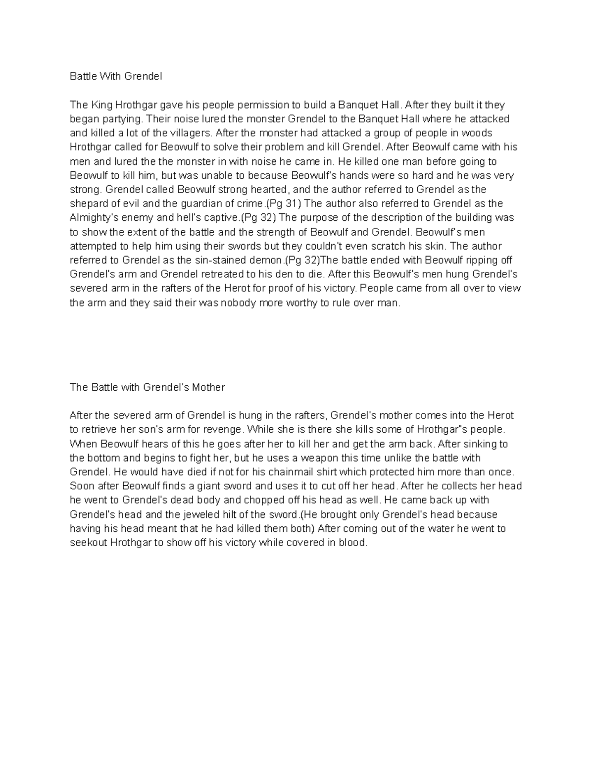"Beowulf" Summaries - Battle With Grendel The King Hrothgar gave his ...