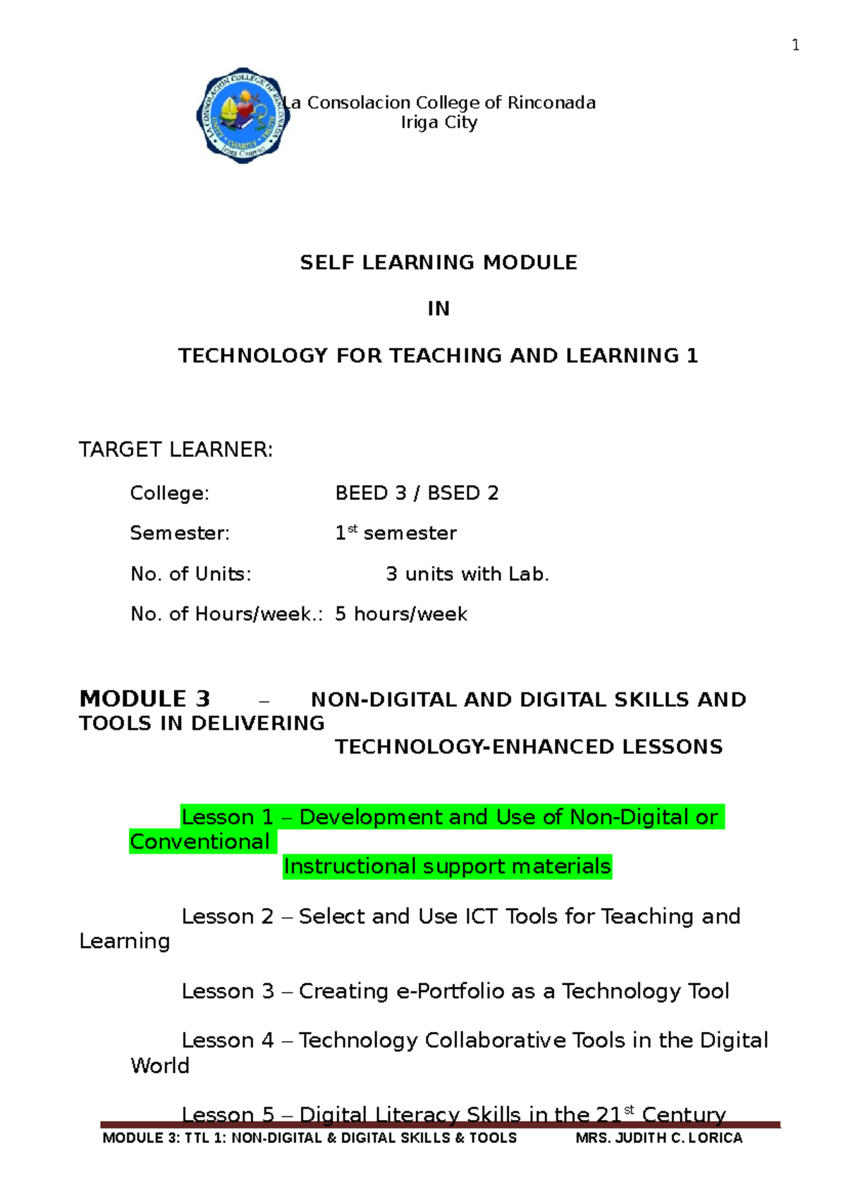 Module IN TTL1 3 - vdsfsdfsgfdgdgh - La Consolacion College of Rinconada Iriga City SELF ...