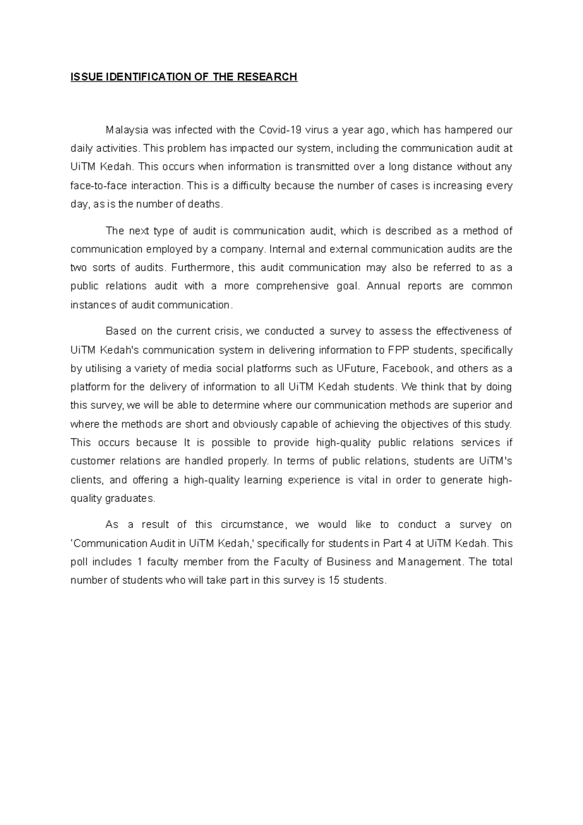 Issue Identification OF THE Research - ISSUE IDENTIFICATION OF THE ...