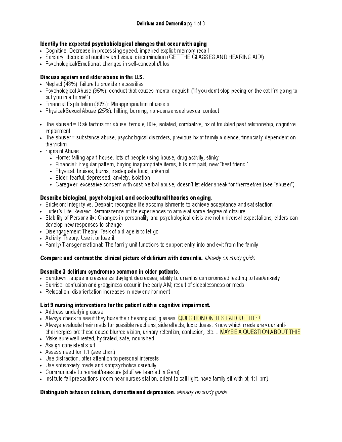 Delirium and Dementia - Notes for Nursing - Identify the expected ...