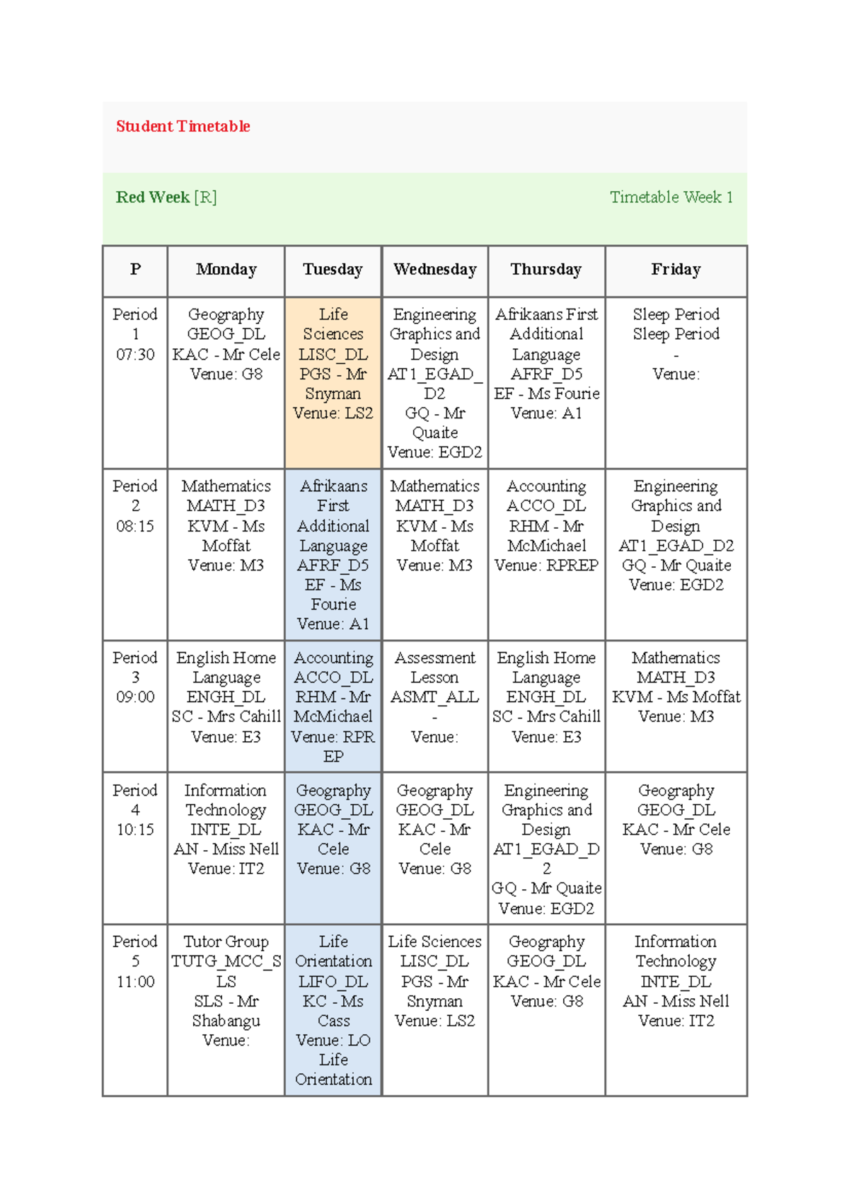 Doc5 - Student Timetable Red Week [R] Timetable Week 1 P Monday Tuesday ...