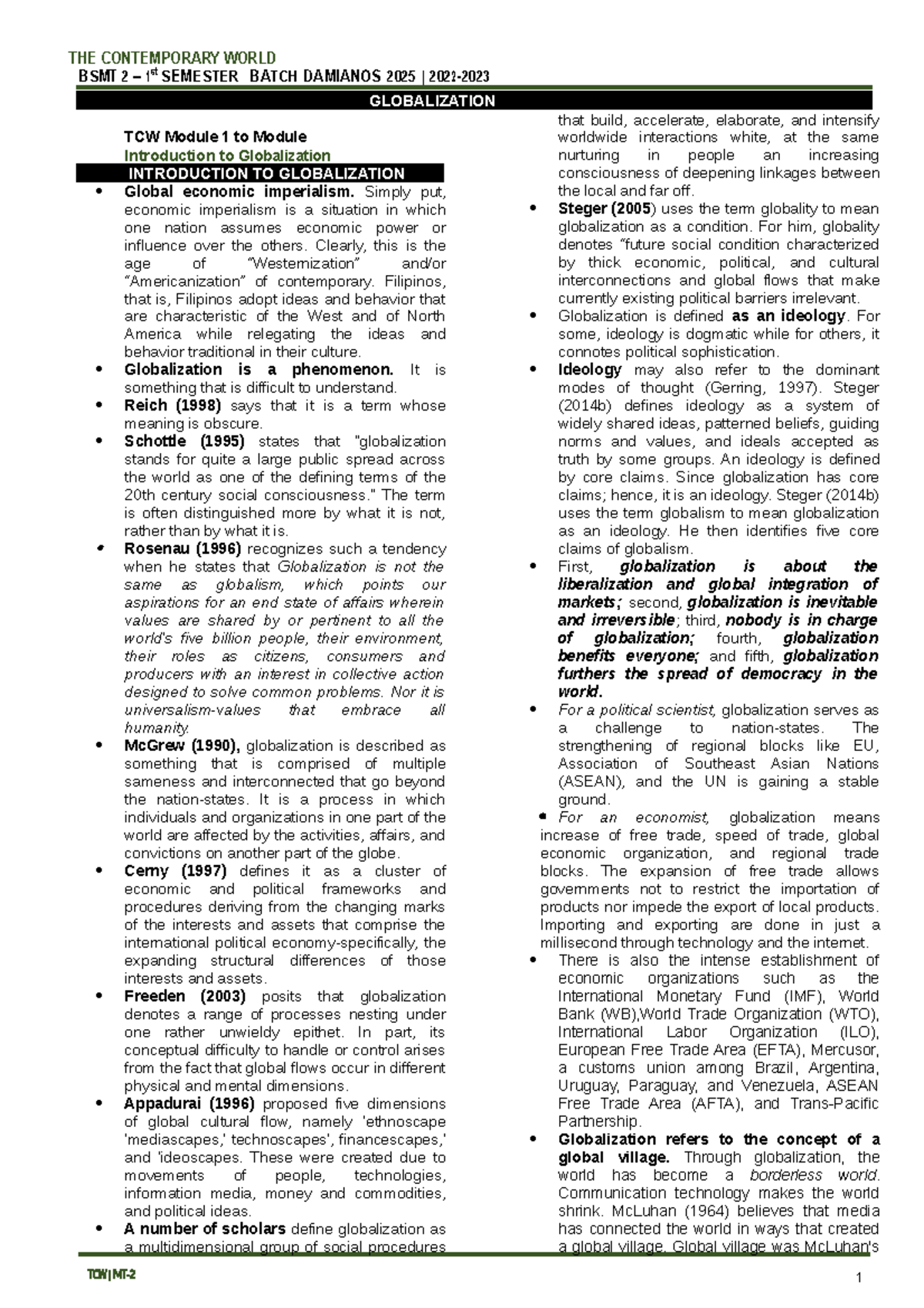 TCW-Notes-Midterms - tcw notes - THE CONTEMPORARY WORLD B S MT 2 – 1 st ...