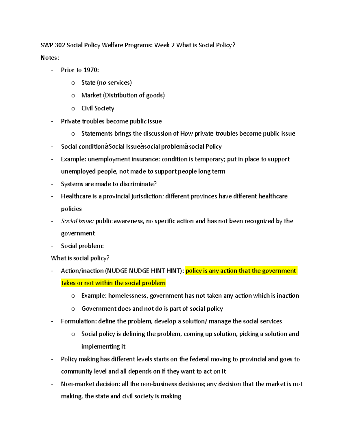 SWP 302 Week 2 - notes - SWP 302 Social Policy Welfare Programs: Week 2 ...