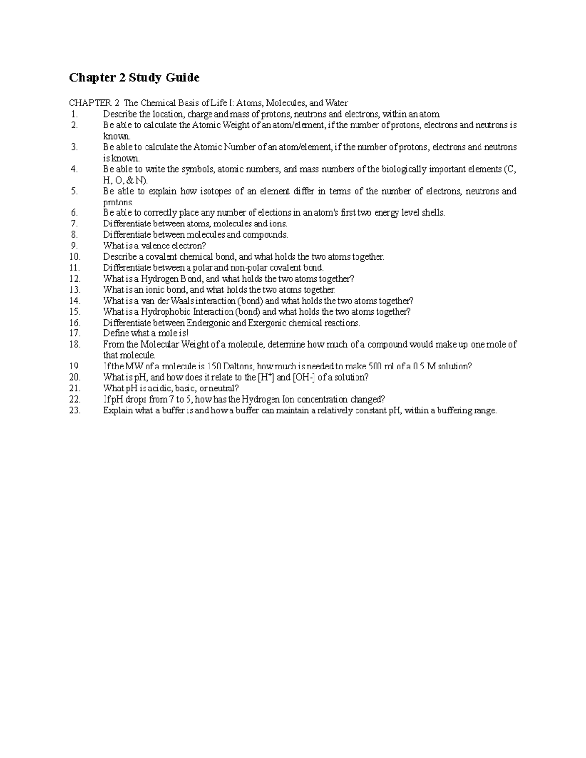 Chapter 2 Study Guide - Chapter 2 Study Guide CHAPTER 2 The Chemical ...