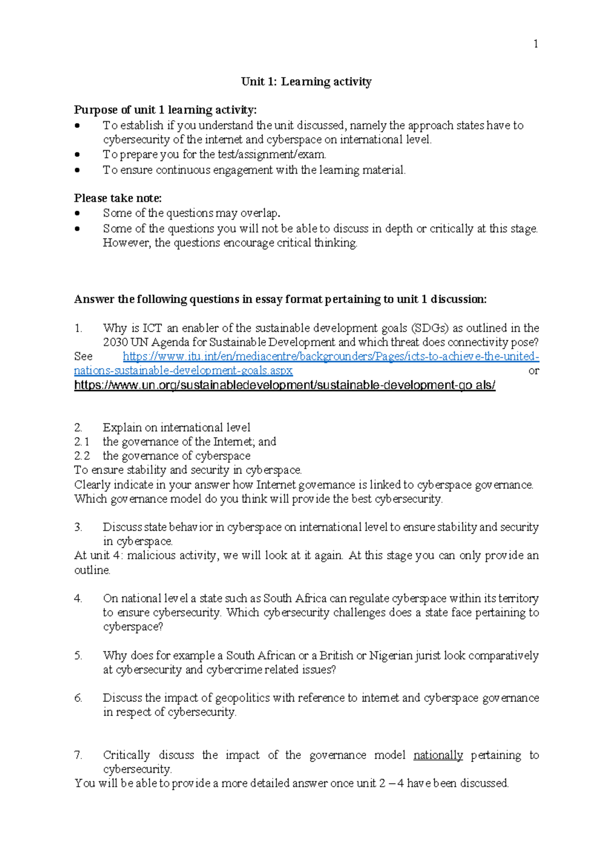 Learning activity UNIT 1 - 1 Unit 1: Learning activity Purpose of unit ...