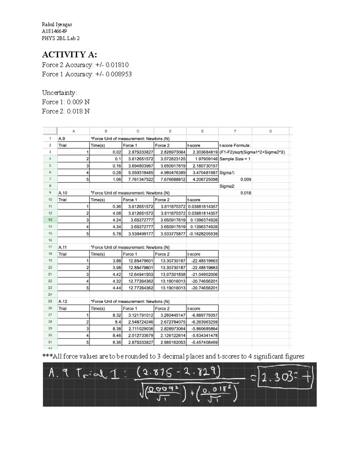 PHYS 2BL Lab Report 2 - A PHYS 2BL Lab 2 ACTIVITY A: Force 2 Accuracy: +/- 0. Force 1 Accuracy ...