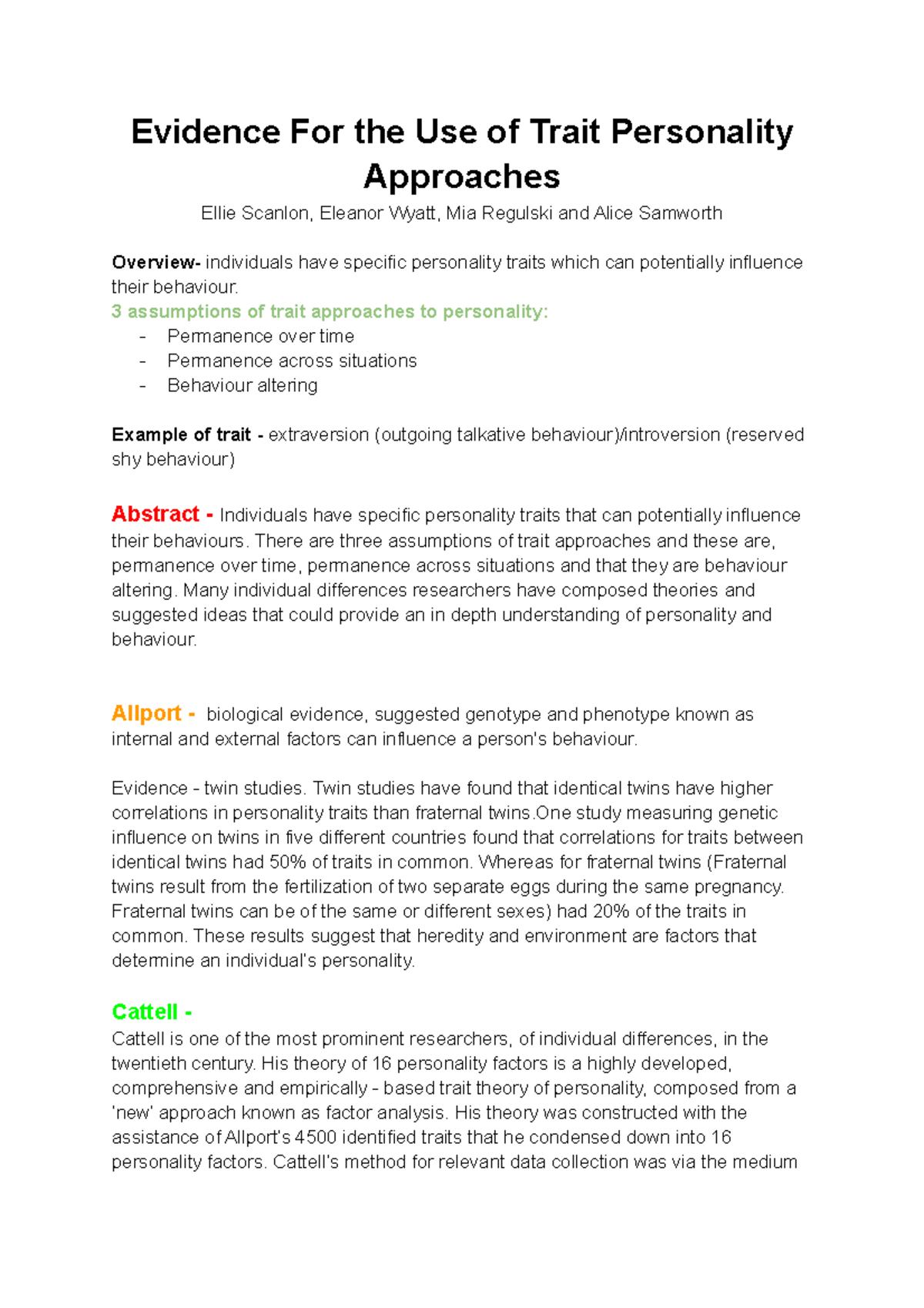 Debate - Evidence For the Use of Trait Personality Approaches Ellie ...