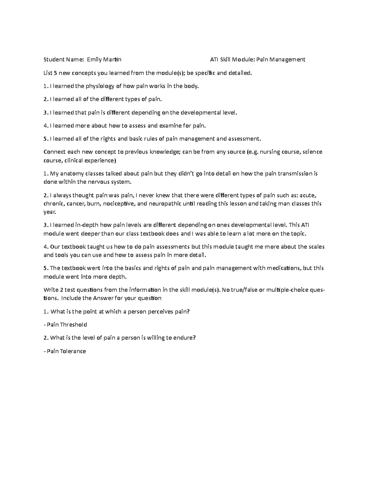 Pain Management - Student Name: Emily Mar2n ATI Skill Module: Pain ...