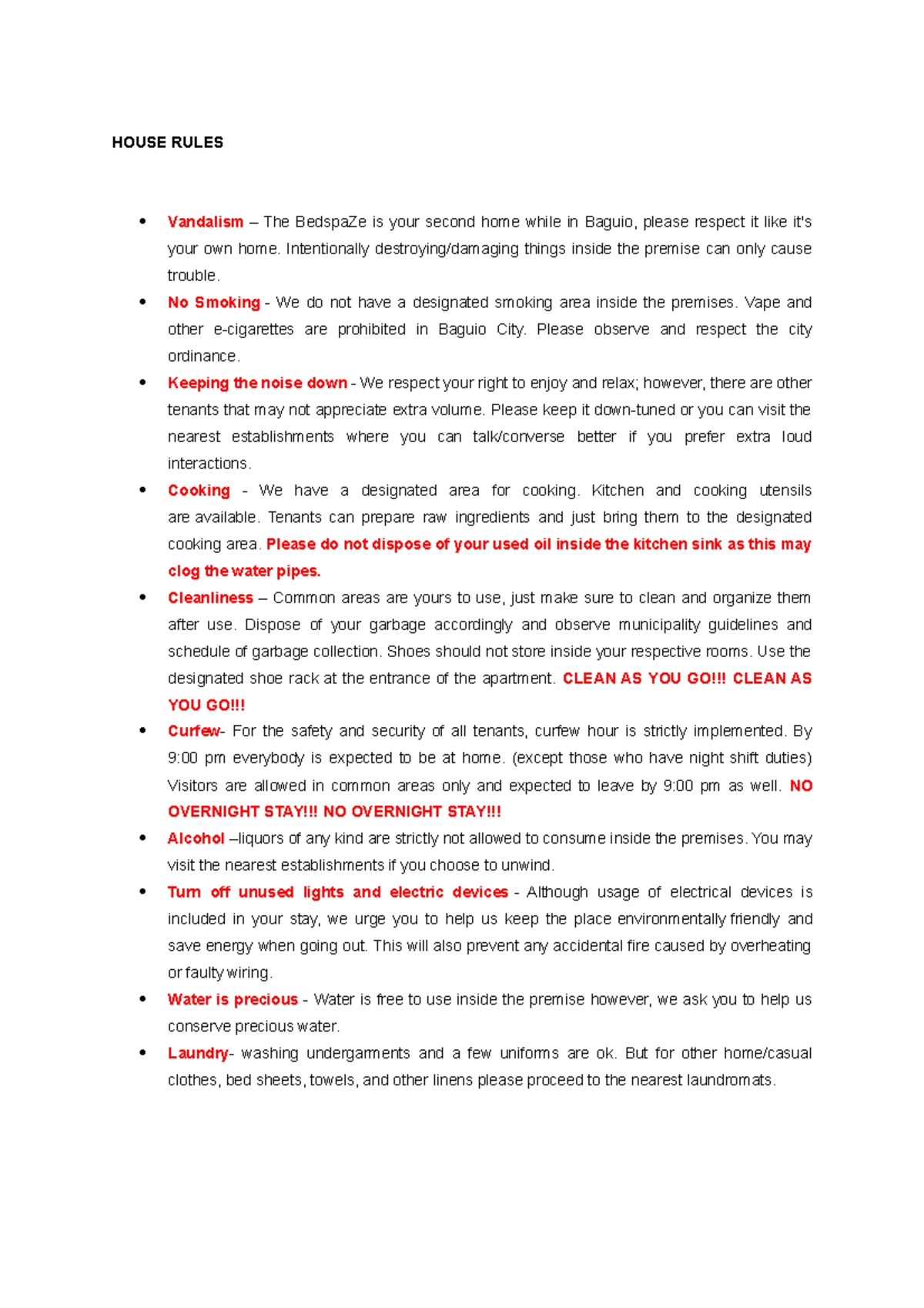 House- Rules - HOUSE RULES Vandalism – The BedspaZe is your second home ...