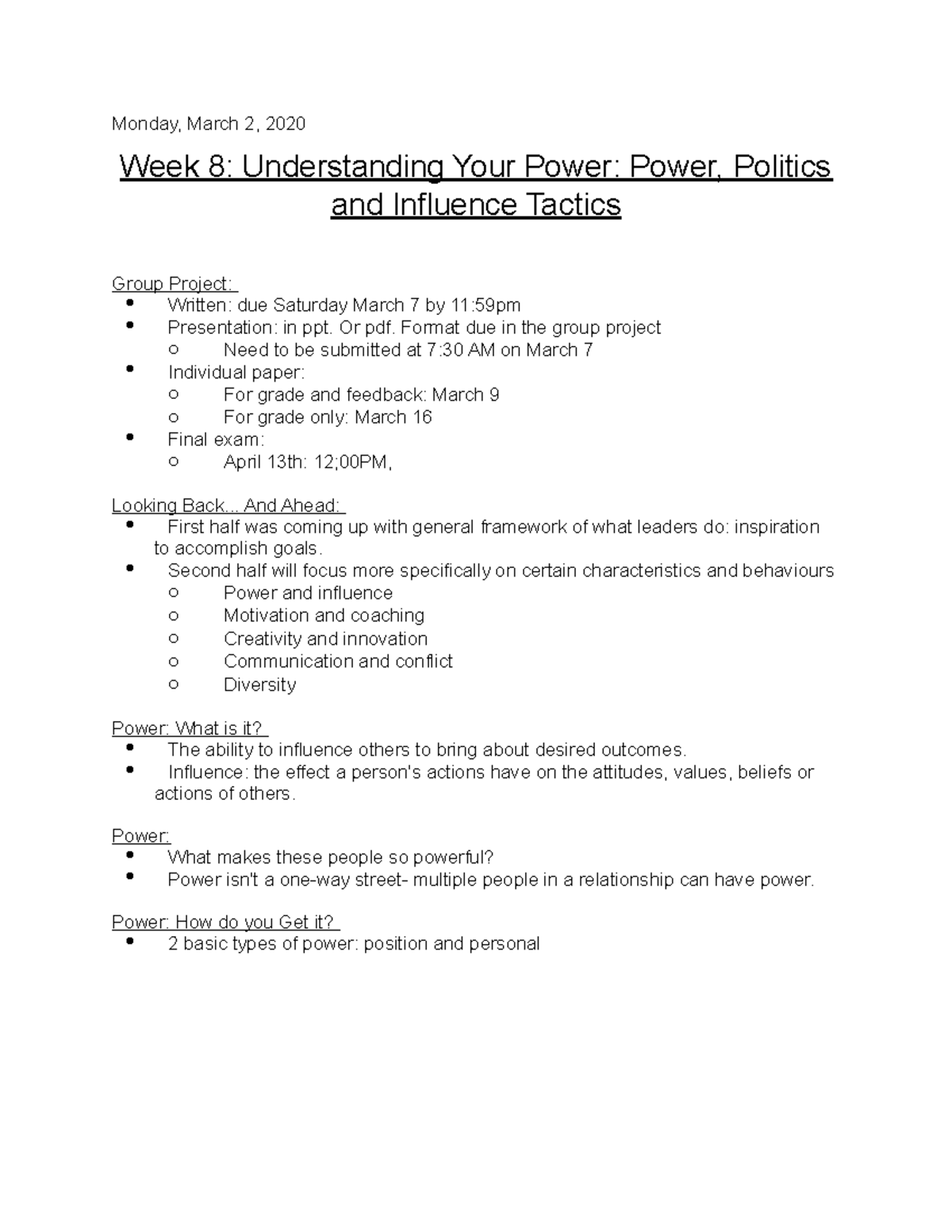 Week 8- Understanding your Power - Monday, March 2, 2020 Week 8 ...