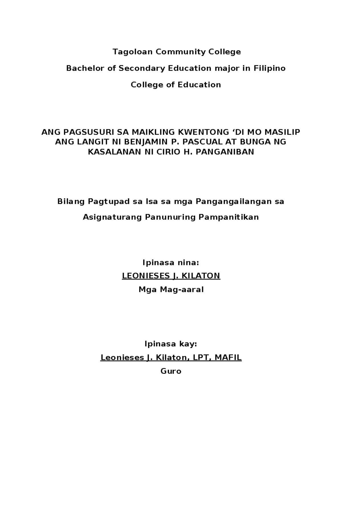Pagsusuri NG Pelikula ( Template) - Tagoloan Community College Bachelor ...