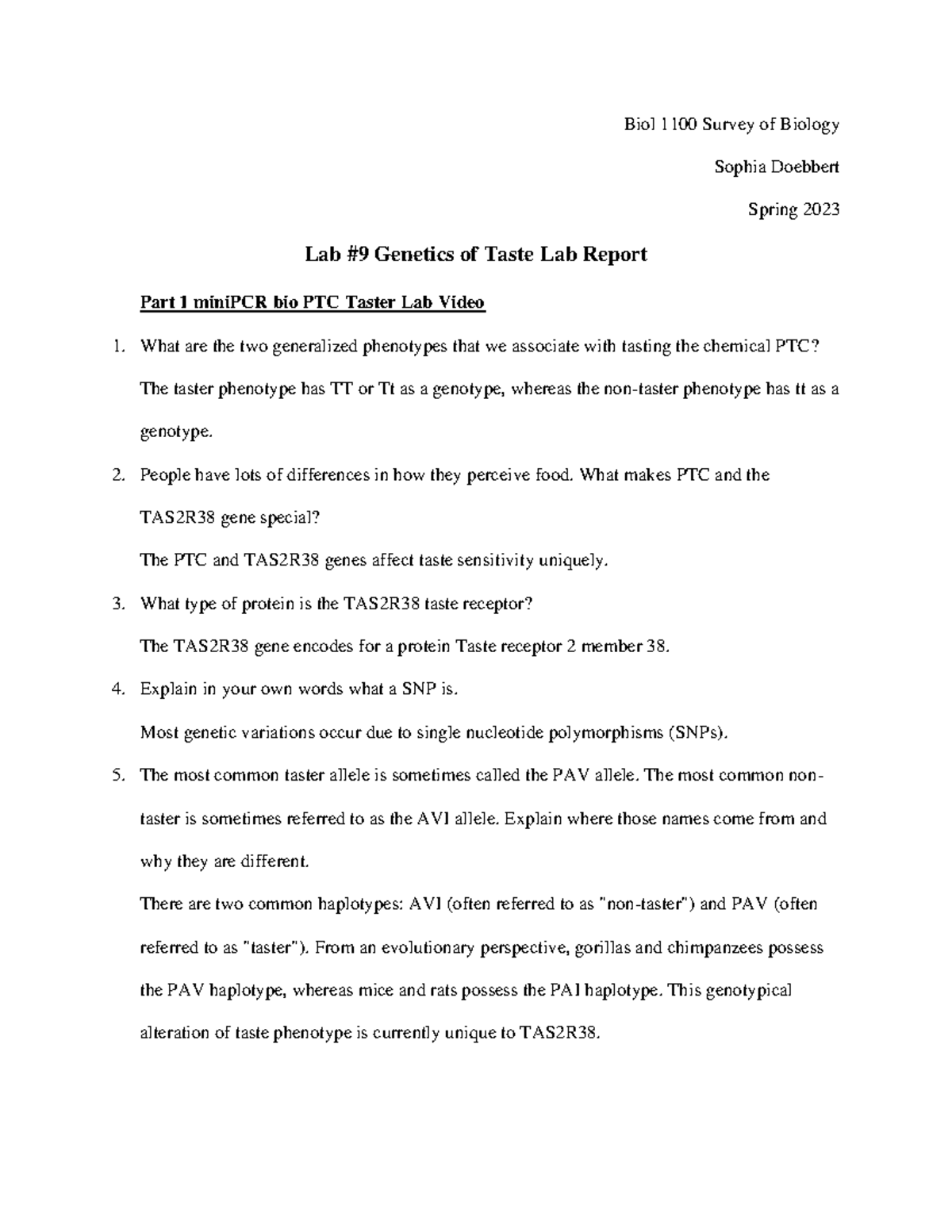 Lab #9 Genetics of Taste - Lab Report - Biol 1100 Survey of Biology ...