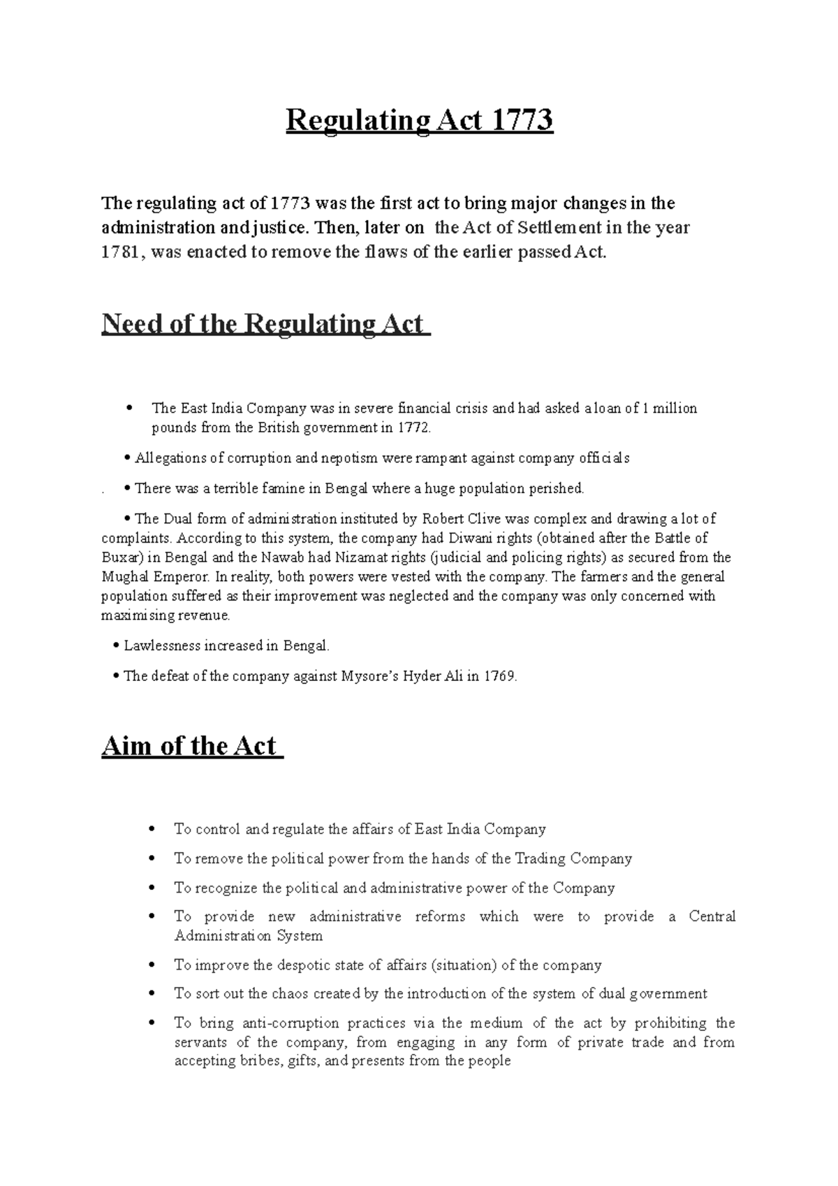 Regulating Act 1773 - these are the question papers and assignments of ...