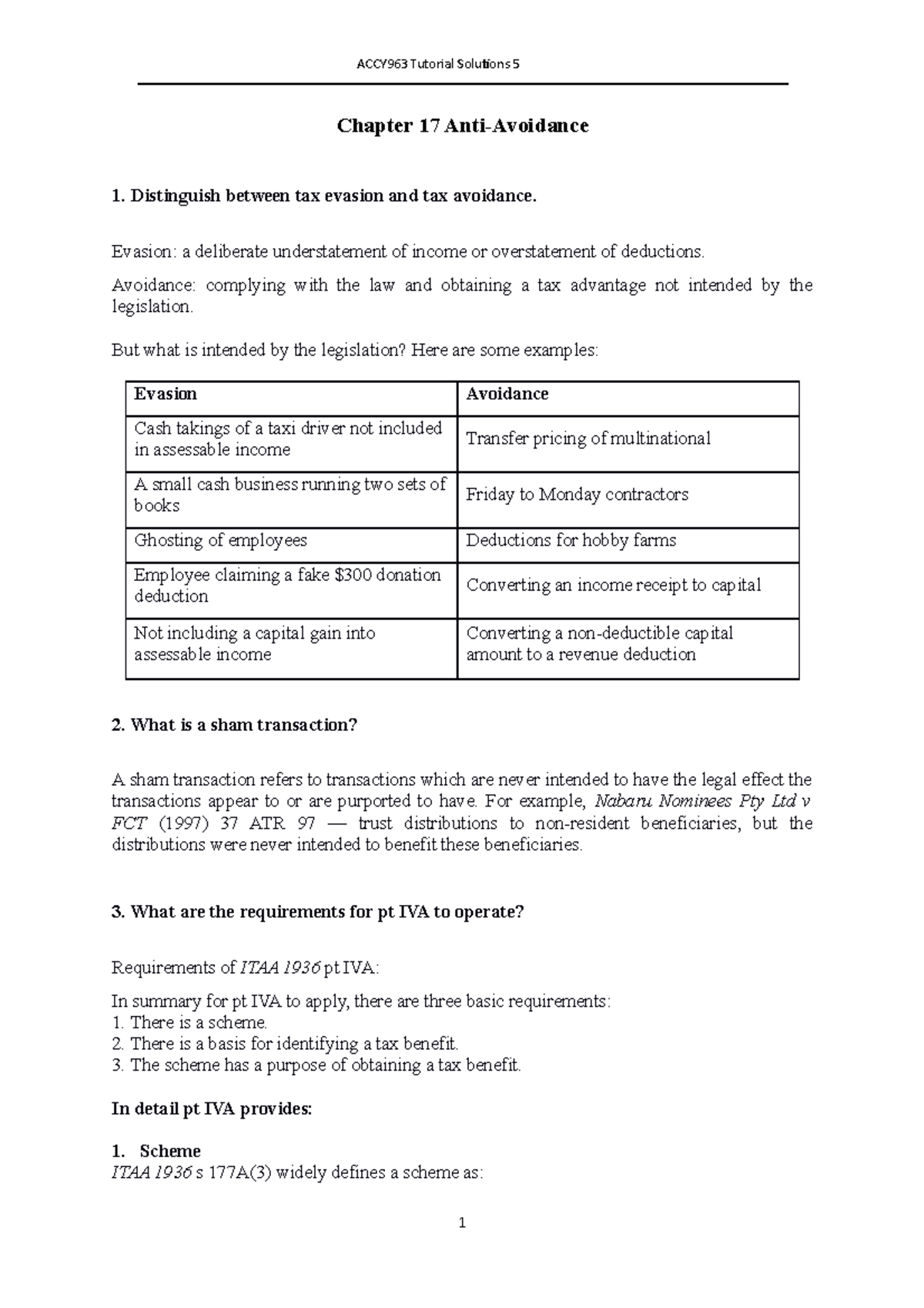 Week 6 Tutorial Solutions - Chapter 17 Anti-Avoidance Distinguish between tax evasion and tax ...