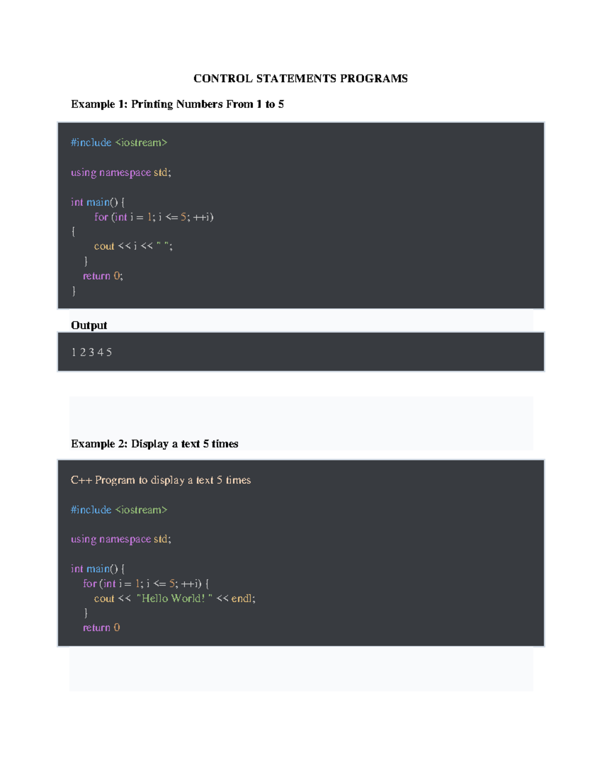 Control Statements Programs - CONTROL STATEMENTS PROGRAMS Example 1 ...