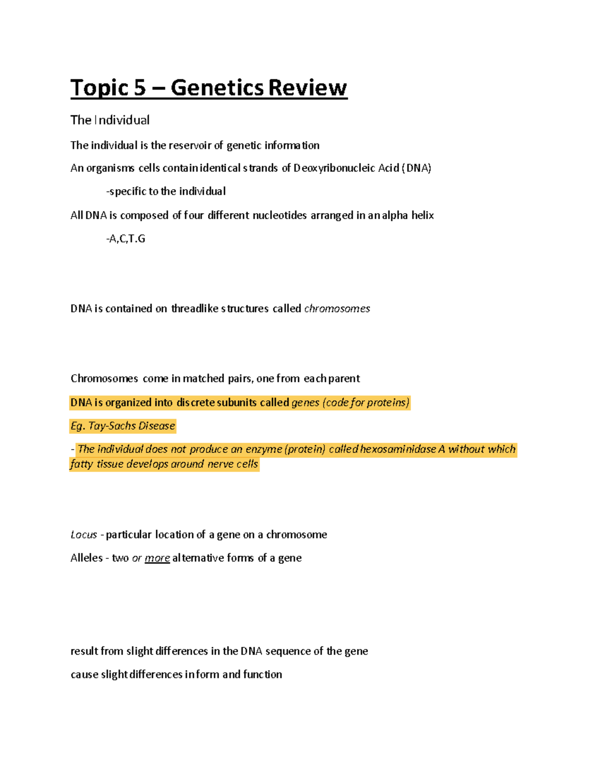 Topic 5 - Genetics Review.pdf (ecology) - Topic 5 – Genetics Review The ...