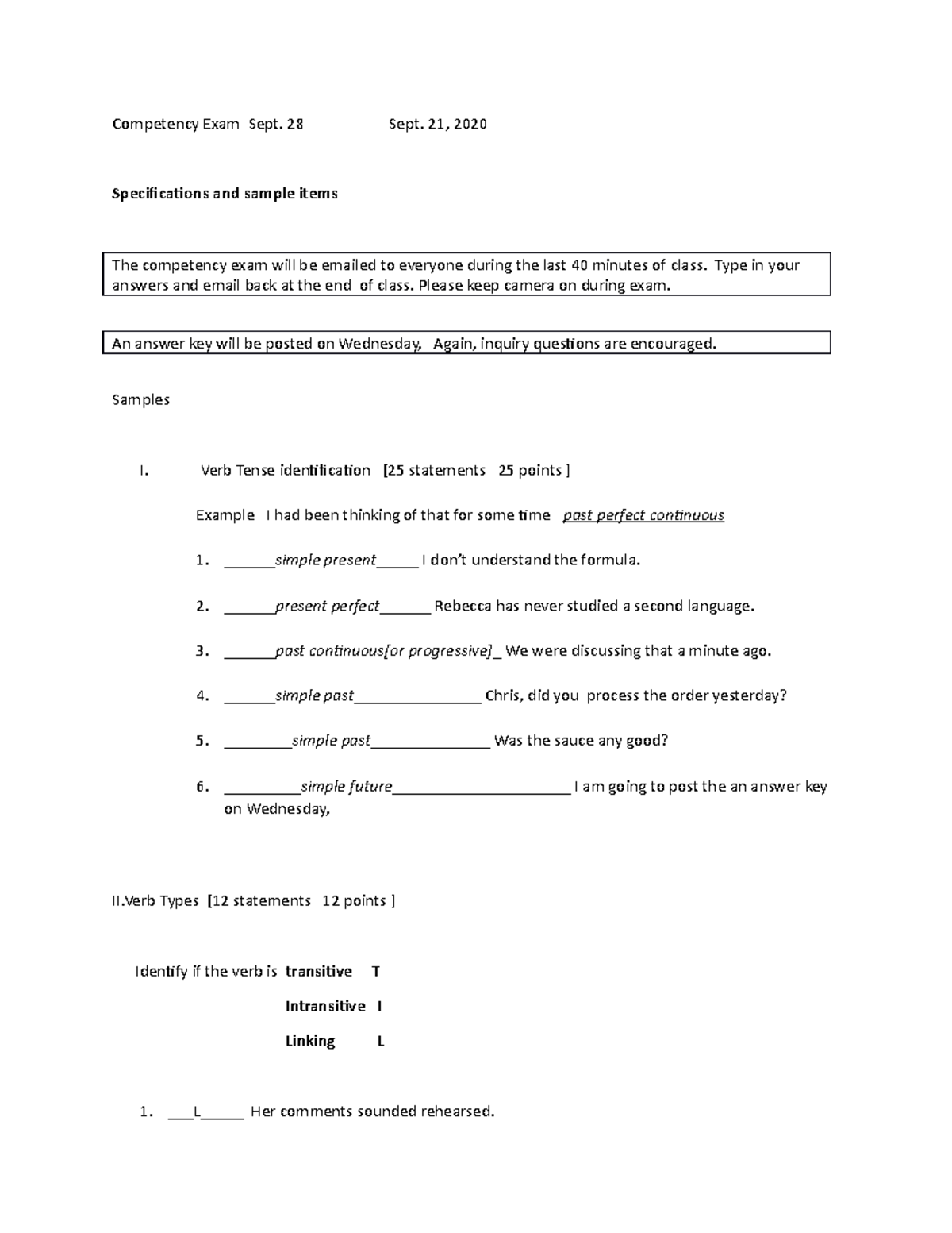 Competency Exam 1 sample items answer key - Competency Exam Sept. 28 ...