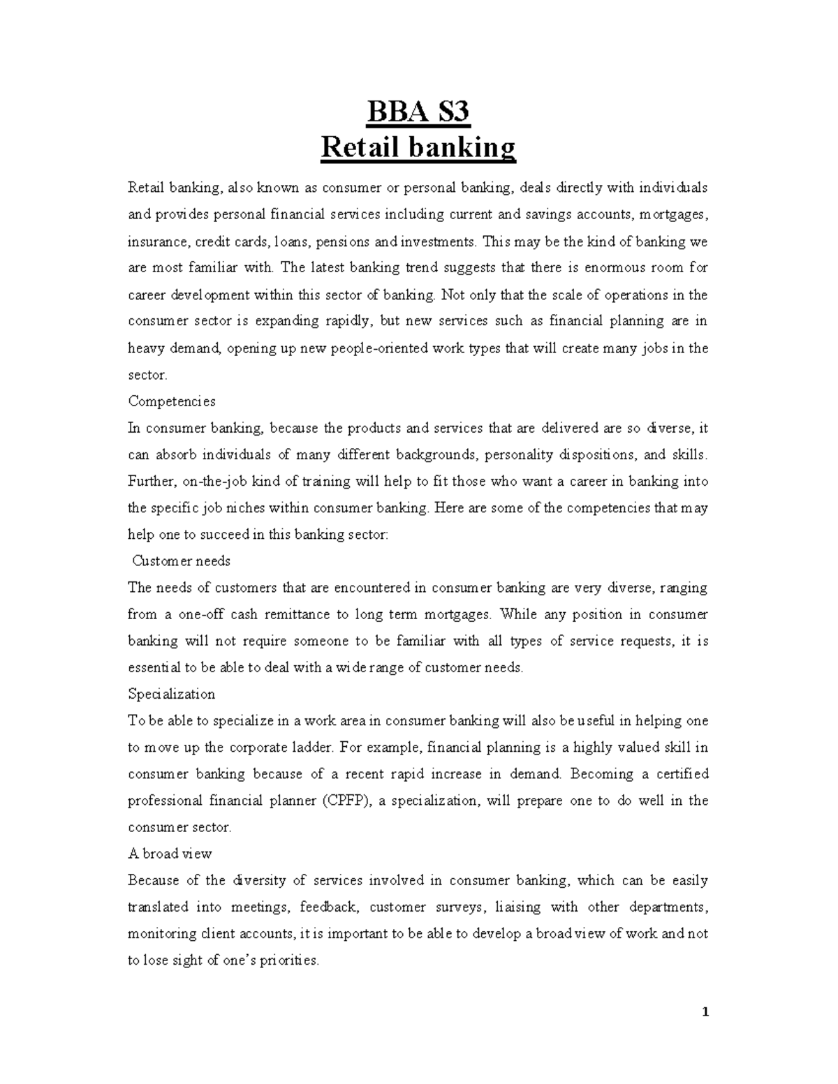Financial Service Notes Retail Banking - BBA S Retail banking Retail ...