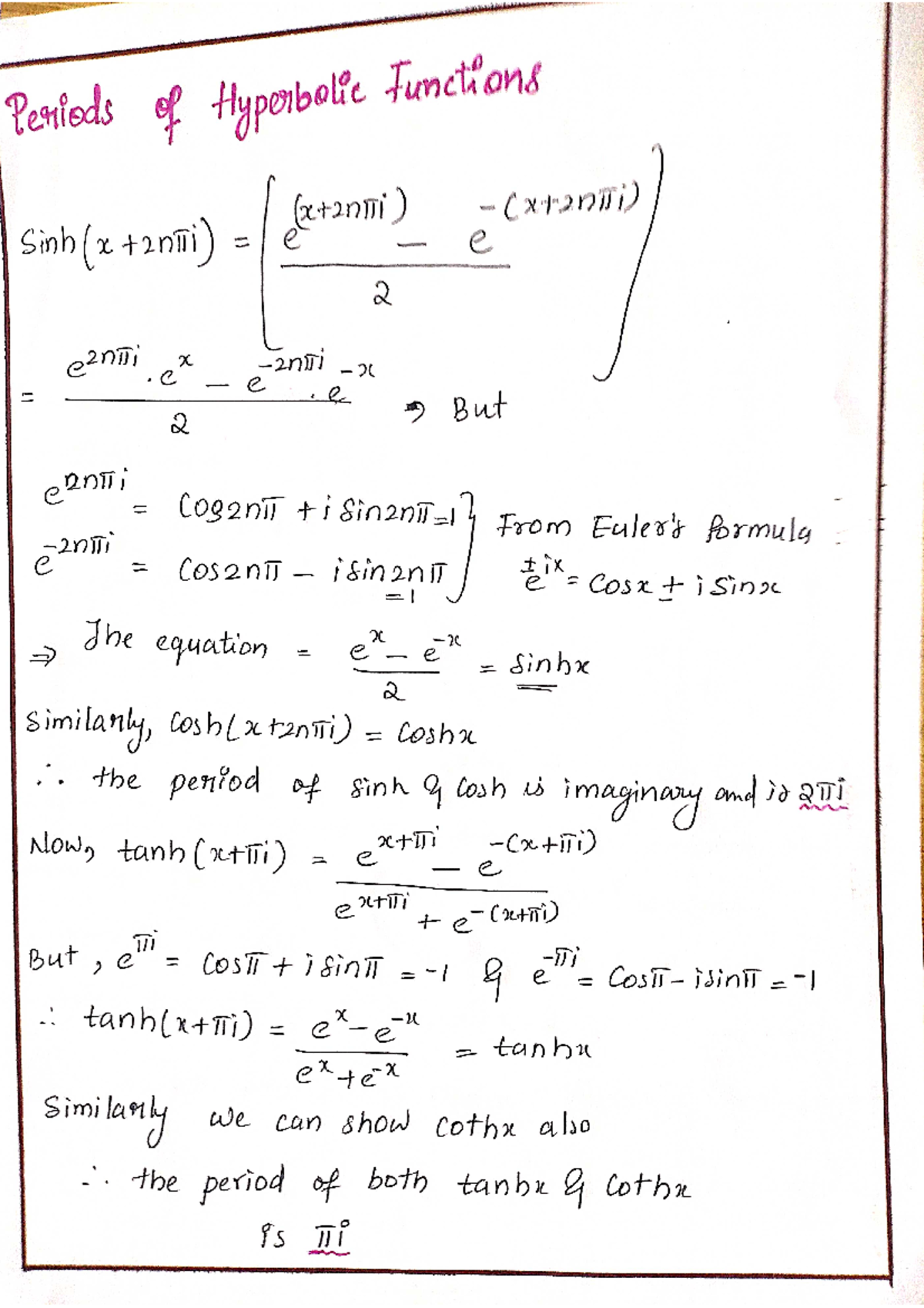 Periods of hyperbolic functions - Trigonometry And Differential Equations - Studocu