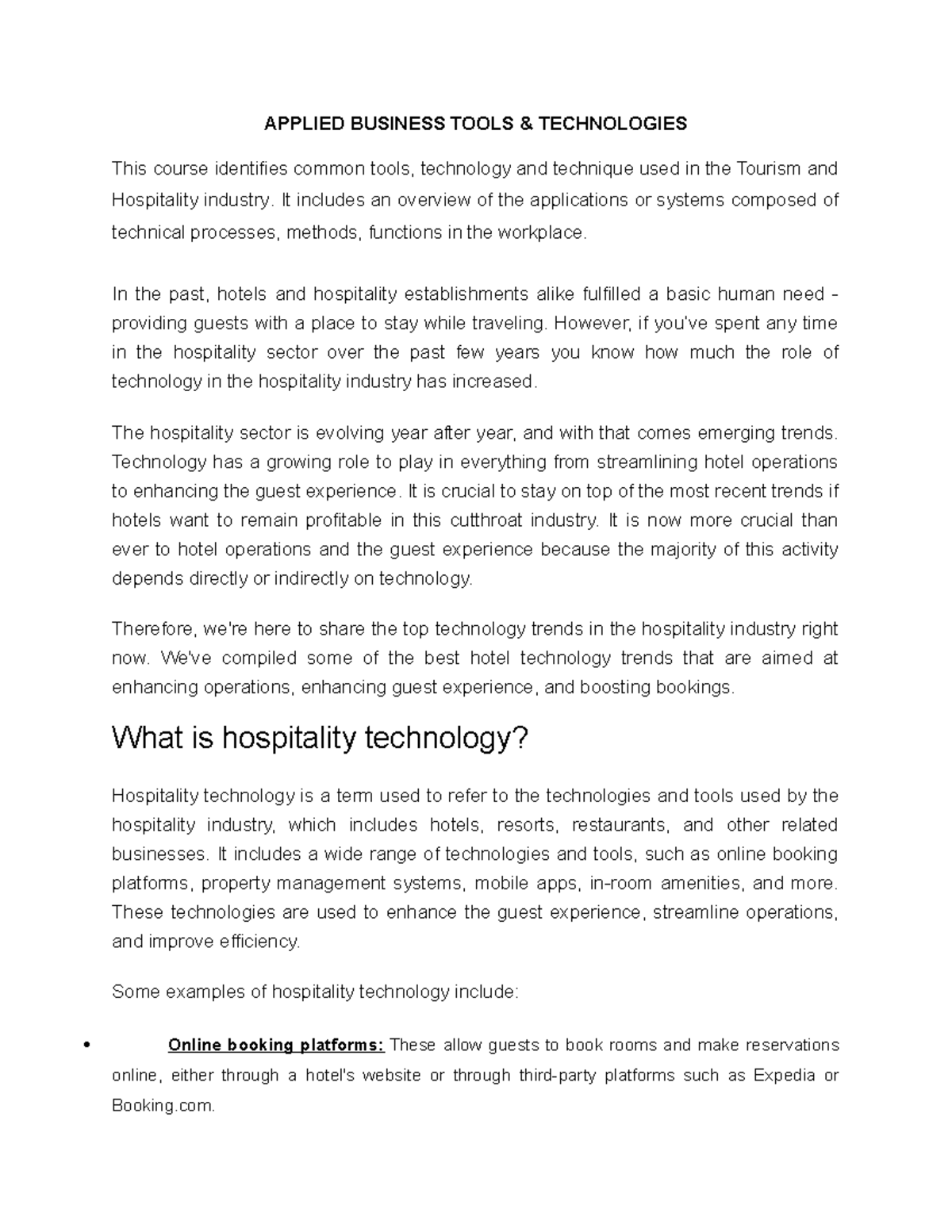 Applied Business Tools 1 - APPLIED BUSINESS TOOLS & TECHNOLOGIES This ...