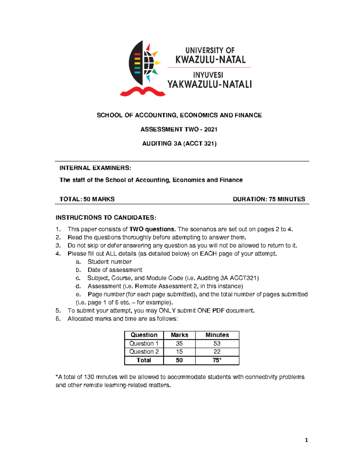 Auditing 3 A Assessment 2 (Question) 2021 - SCHOOL OF ACCOUNTING ...
