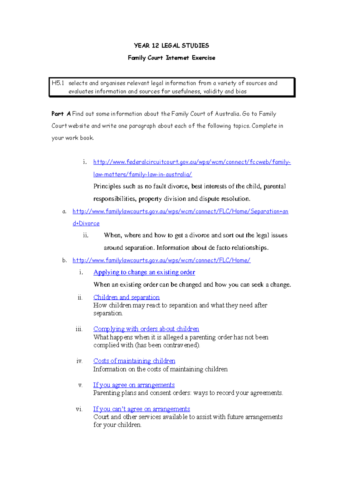 Family court internet worksheet - YEAR 12 LEGAL STUDIES Family Court ...