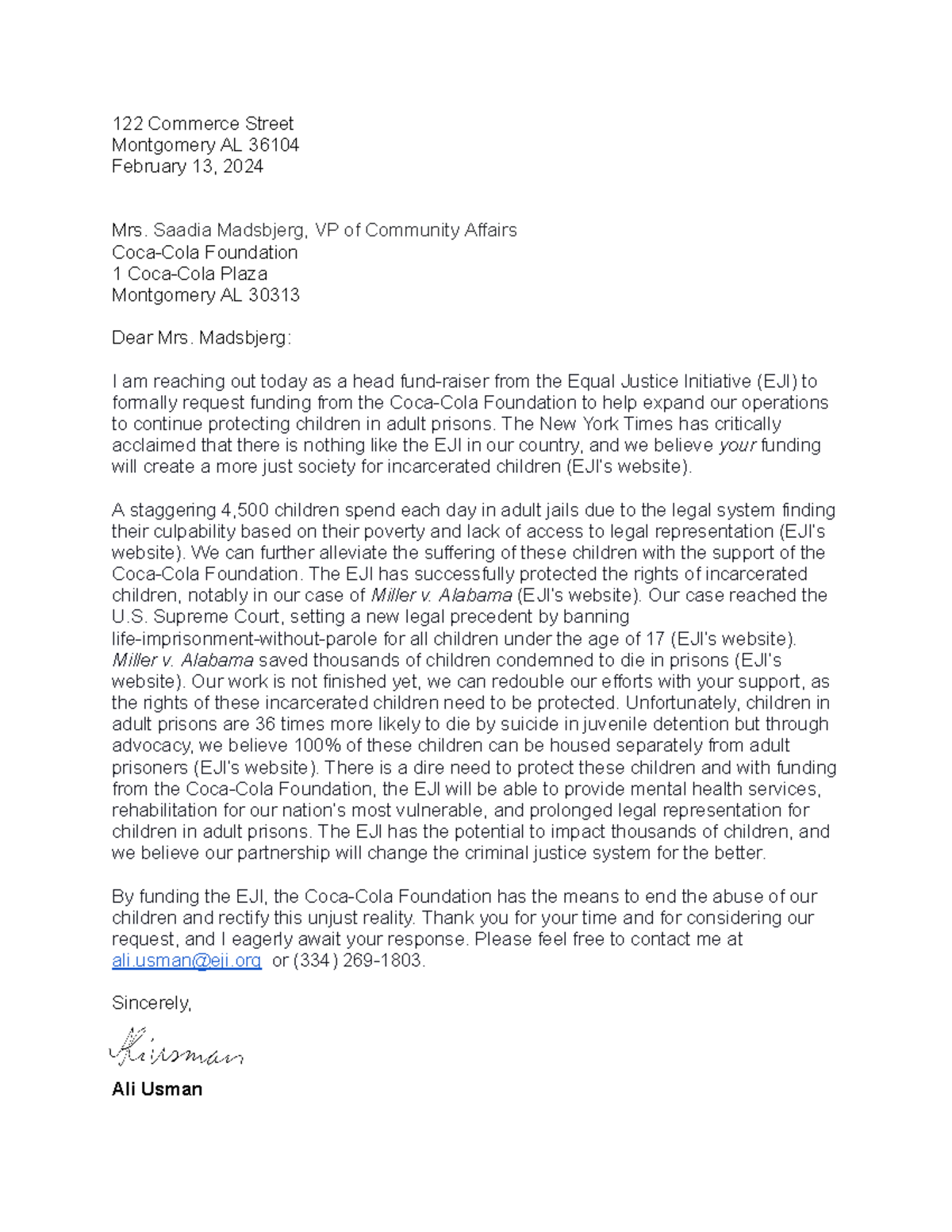 EJI Letter - Ali Usman - 122 Commerce Street Montgomery AL 36104 ...