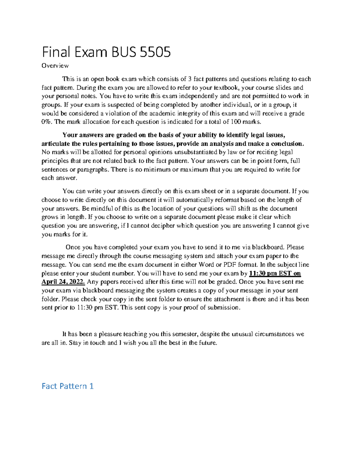 Final Exam BUS 5505 April 2022 - Final Exam BUS 5505 Overview This is ...