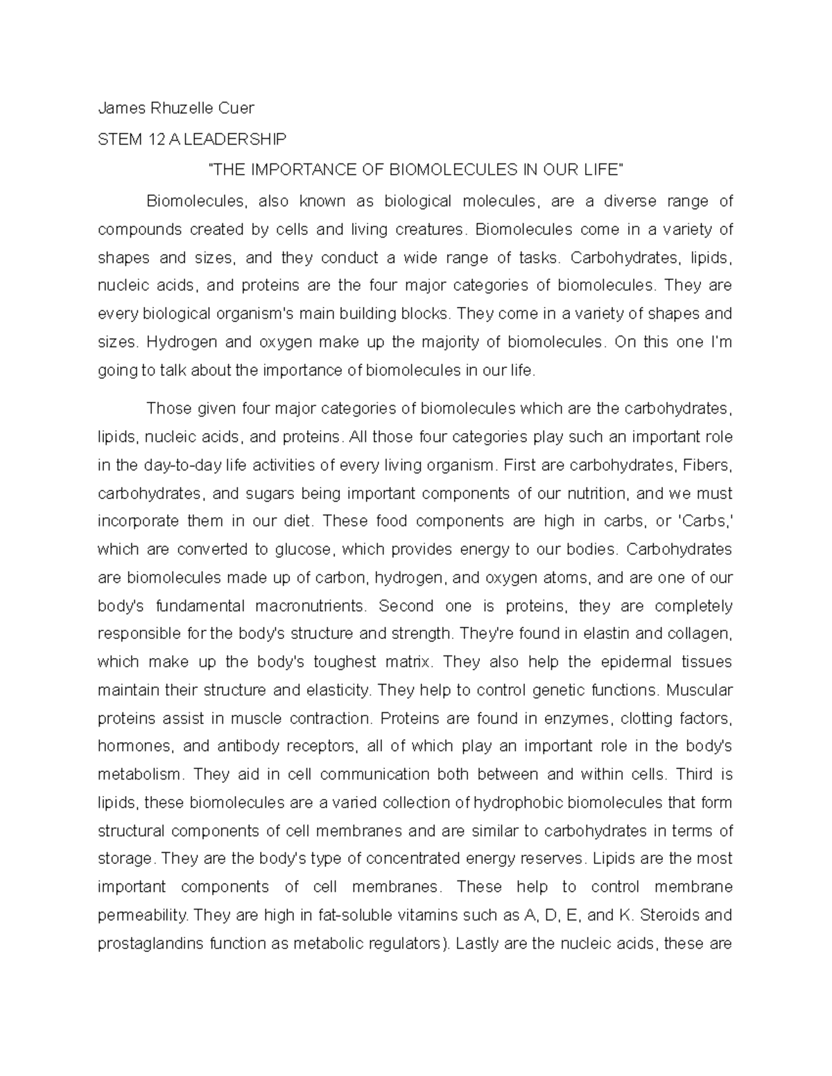 Biomolecules - James Rhuzelle Cuer STEM 12 A LEADERSHIP “THE IMPORTANCE ...