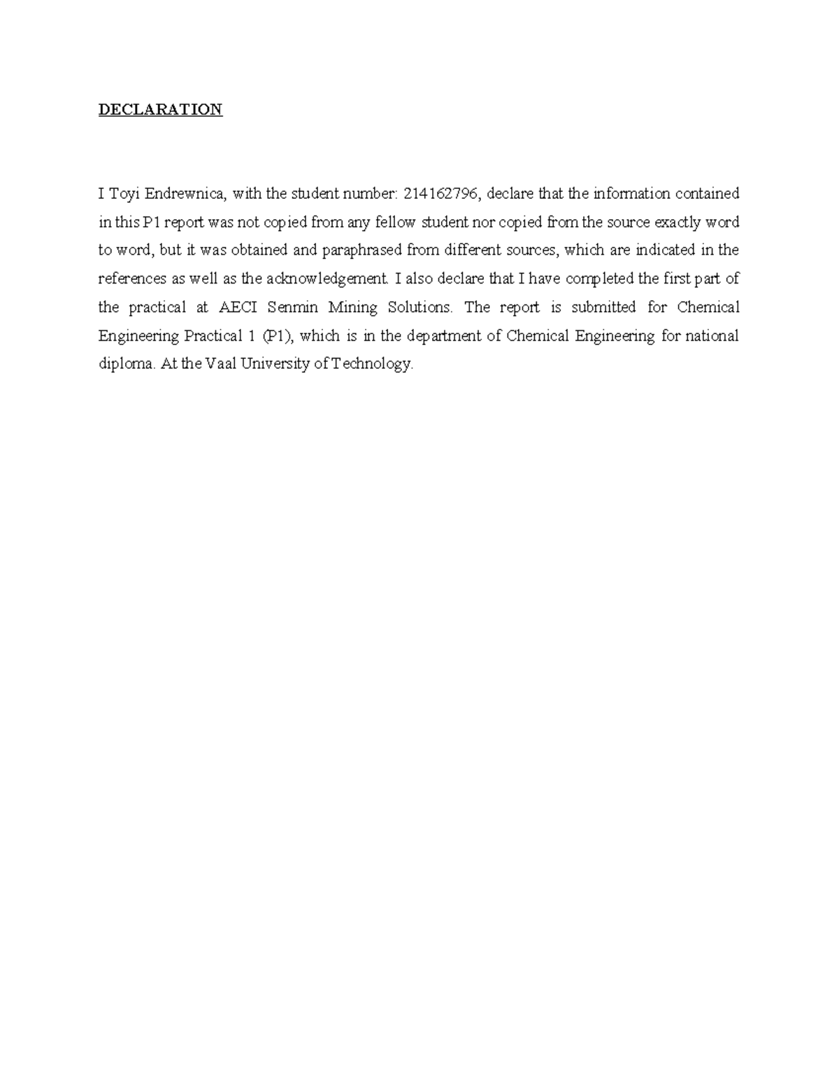 P1 Declaration - DECLARATION I Toyi Endrewnica, with the student number ...