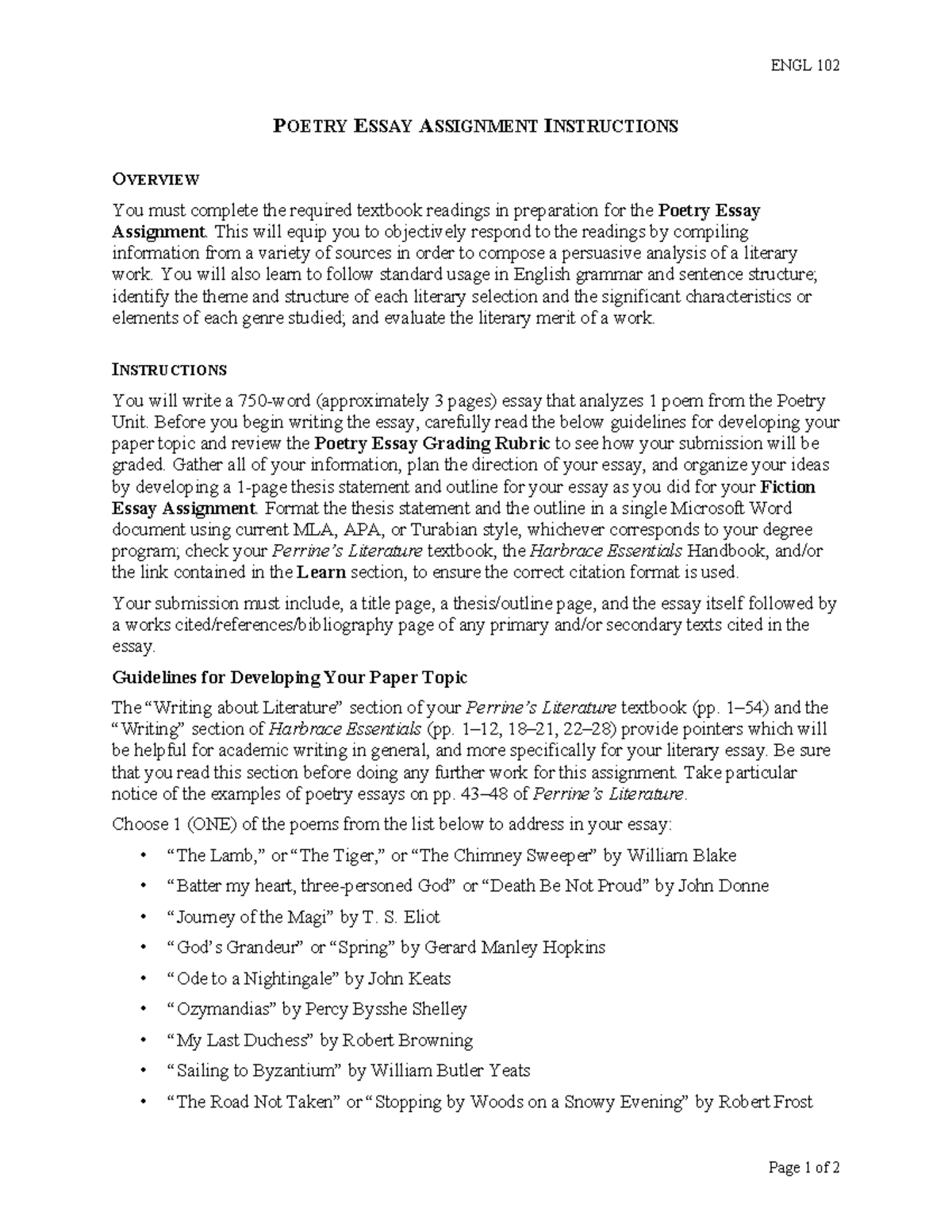 Poetry Essay Assignment Instructions - ENGL 102 POETRY ESSAY ASSIGNMENT ...